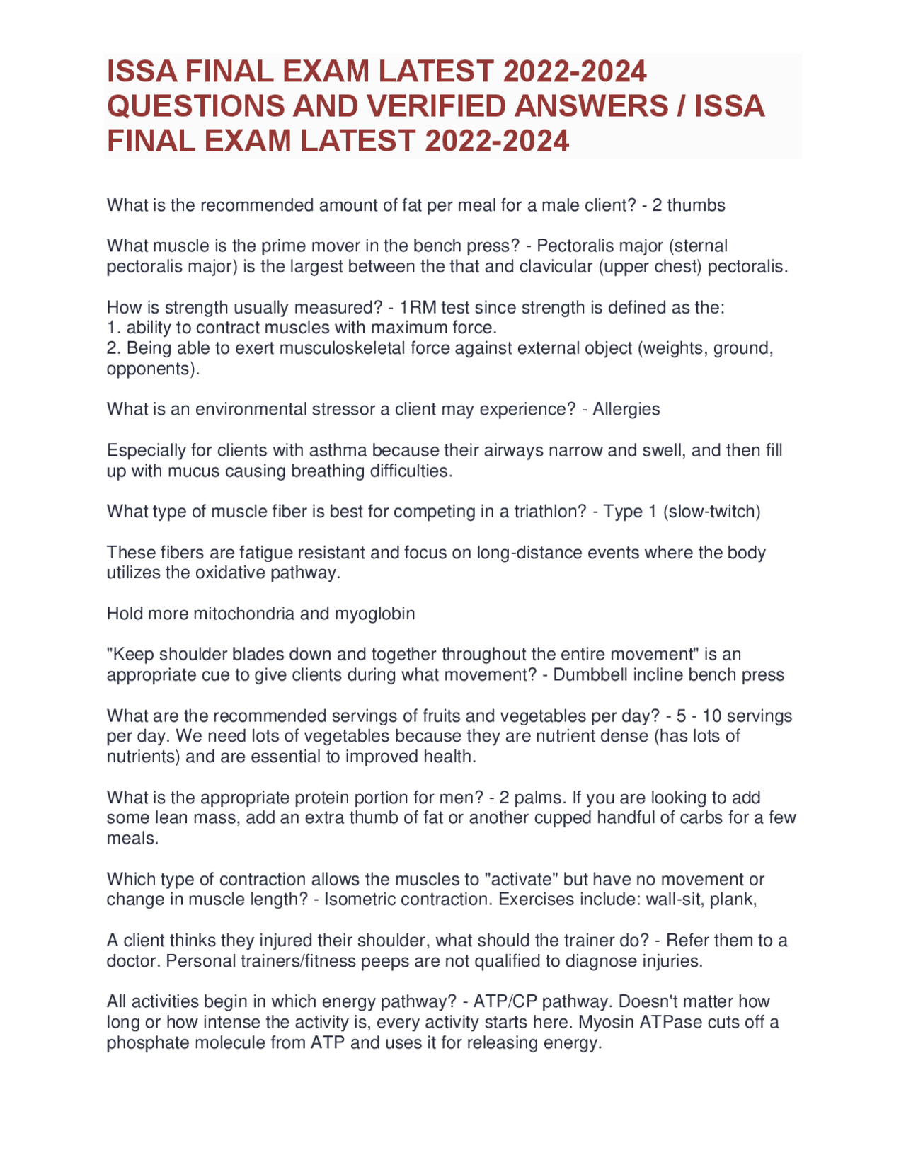 ISSA FINAL EXAM LATEST 2022-2024 QUESTIONS AND VERIFIED ANSWERS / ISSA ...