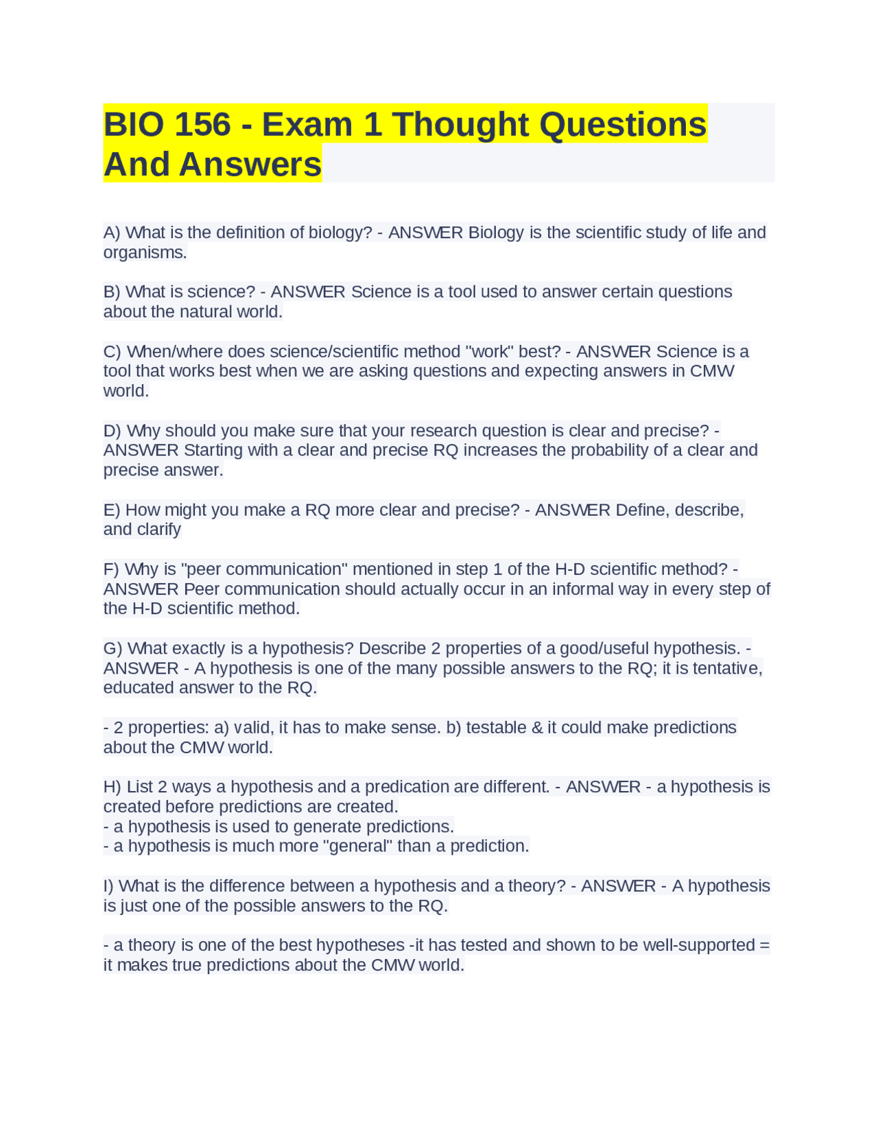 BIO 156 - Exam 1 Thought Questions And Answers | Exams Biology | Docsity