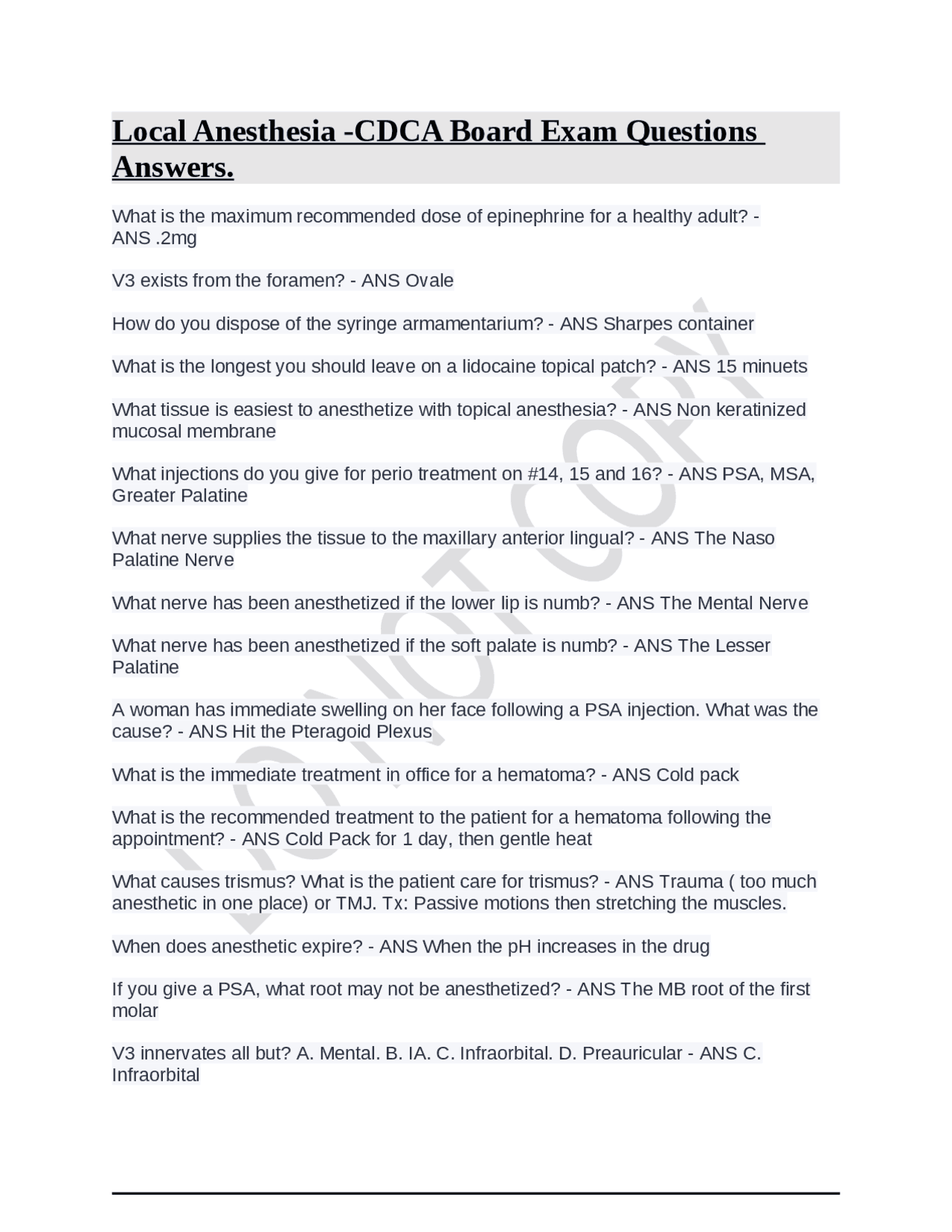 Local Anesthesia -CDCA Board Exam Questions Answers. | Exams Local ...