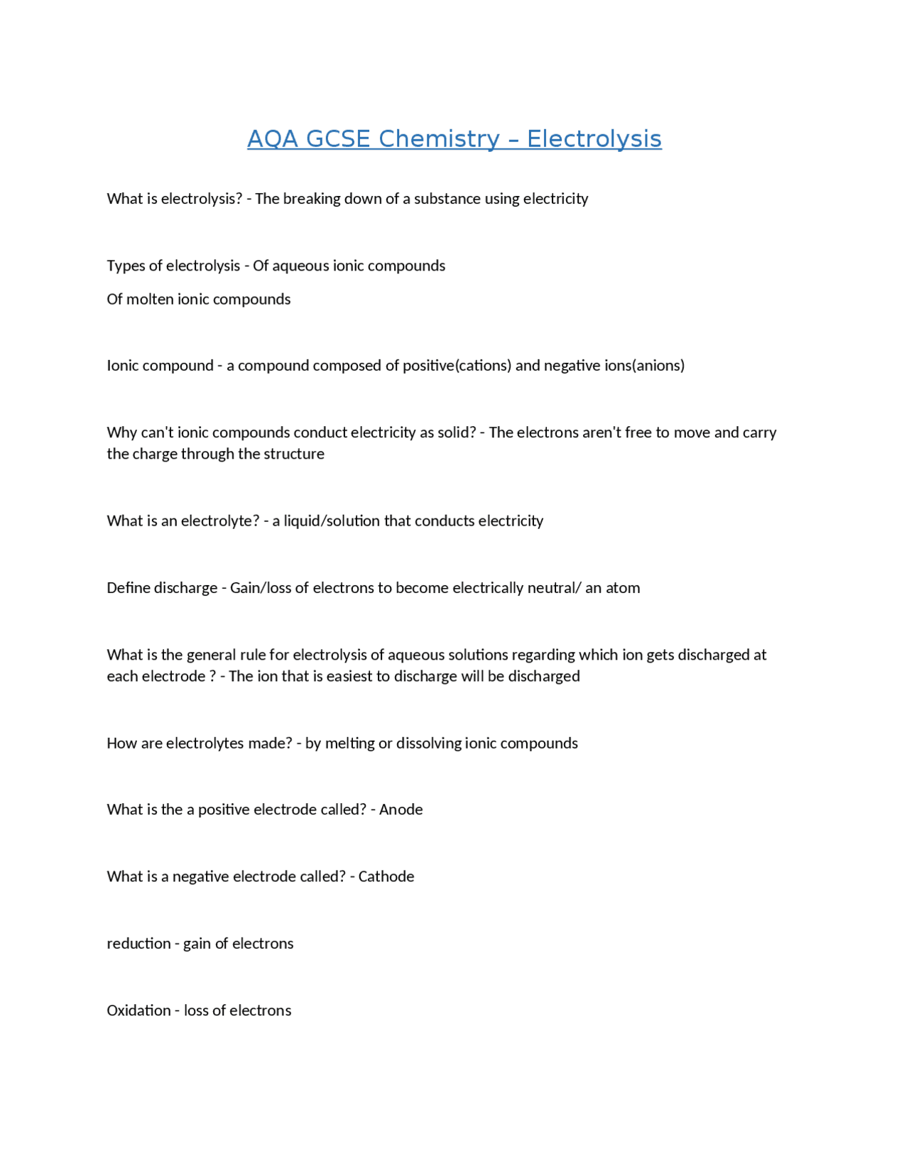 AQA GCSE Chemistry – Electrolysis | Exams Advanced Education | Docsity
