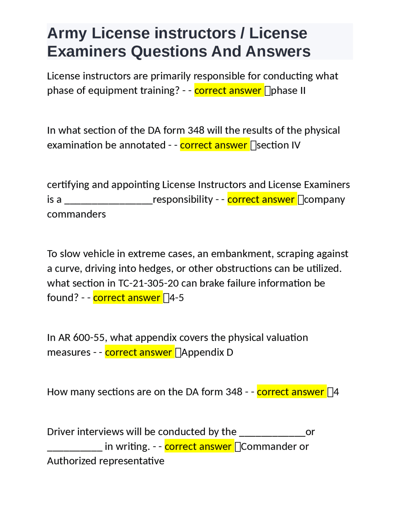 Army License instructors / License Examiners Questions And Answers ...