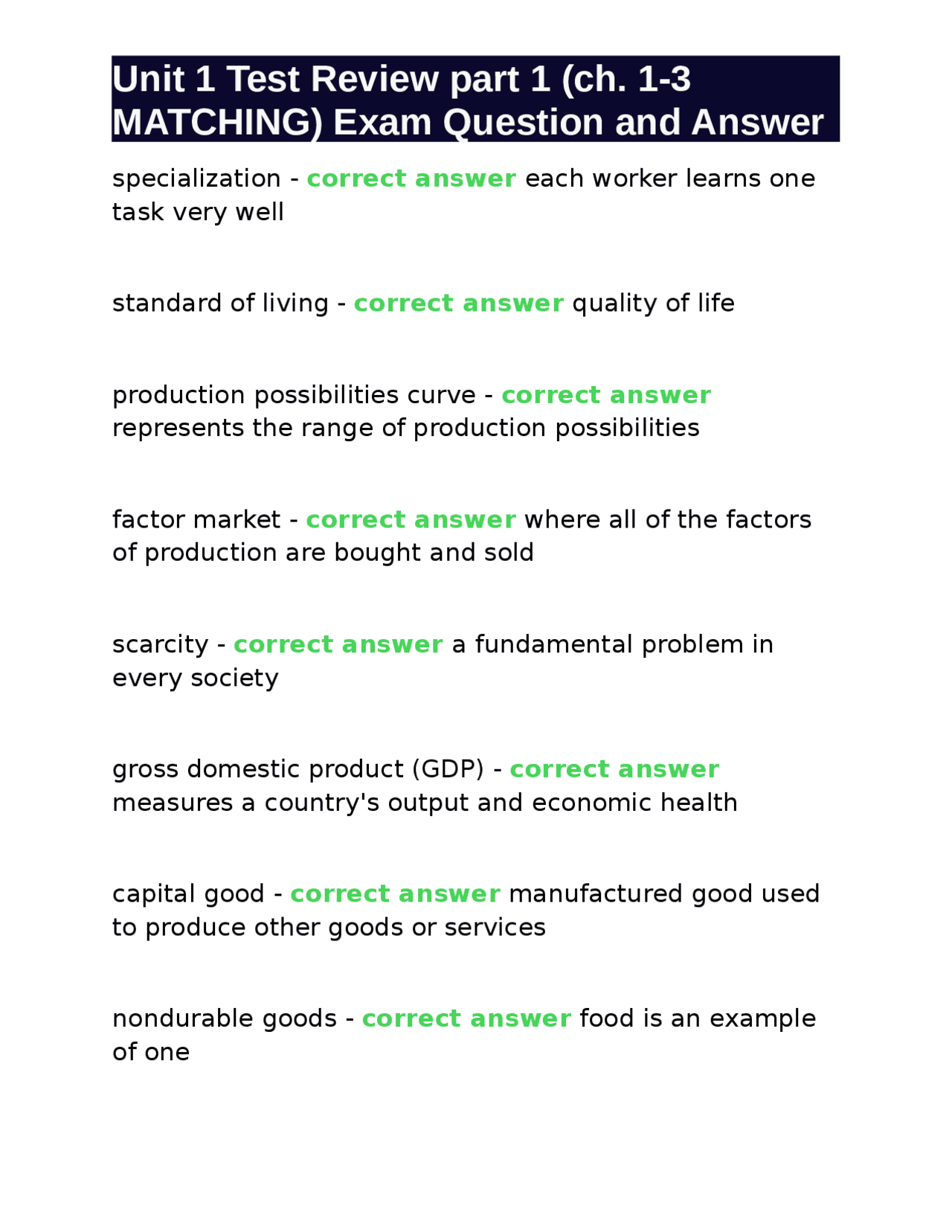 Unit 1 Test Review: Fundamental Economic Concepts | Exams Nursing | Docsity