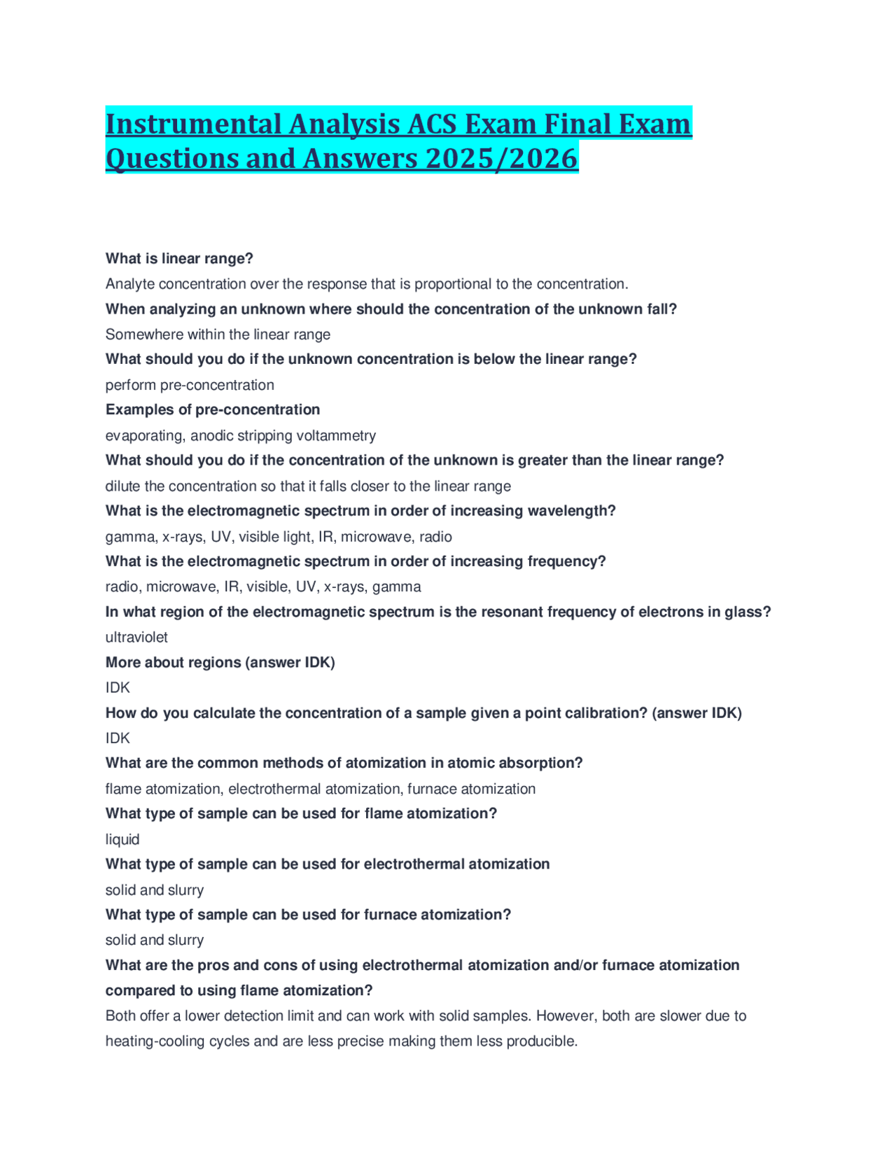 Instrumental Analysis ACS Exam Final Exam Questions and Answers | Exams Physics | Docsity