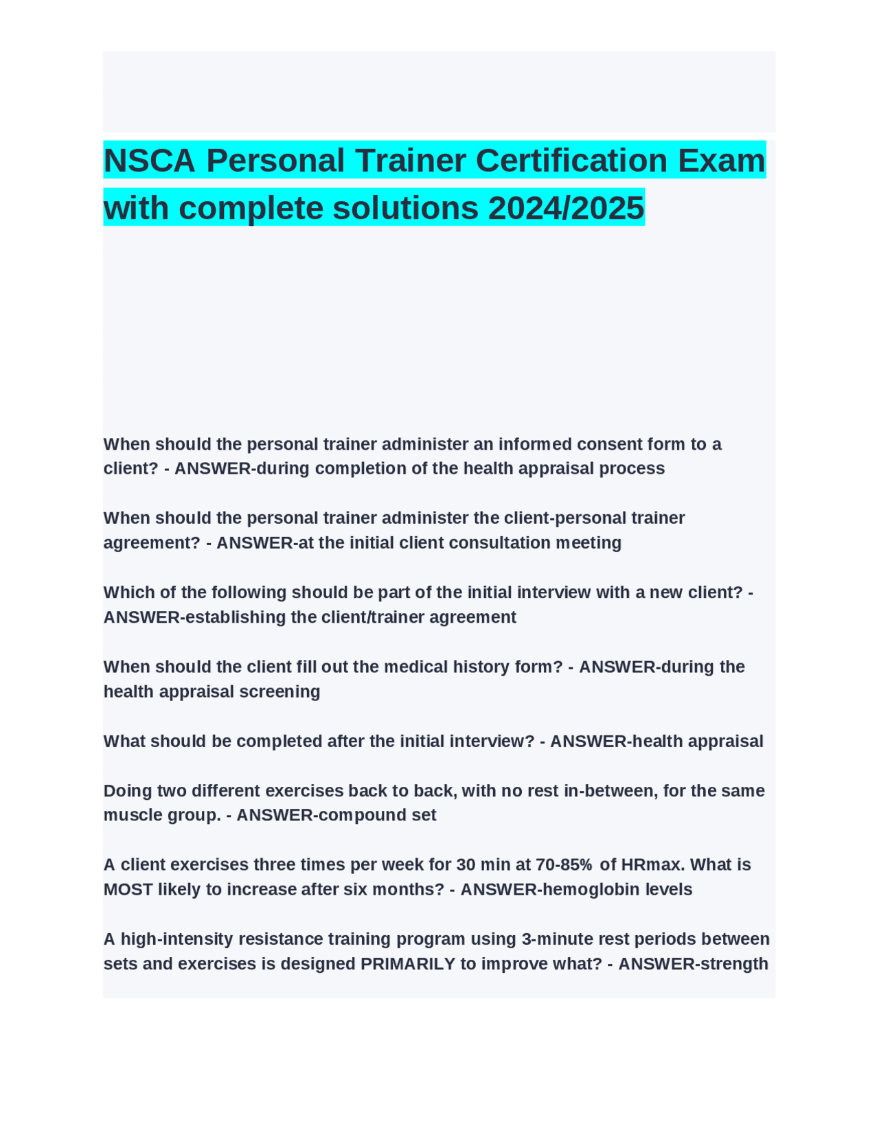 NSCA Personal Trainer Certification Exam with Complete Solutions 2024/ ...