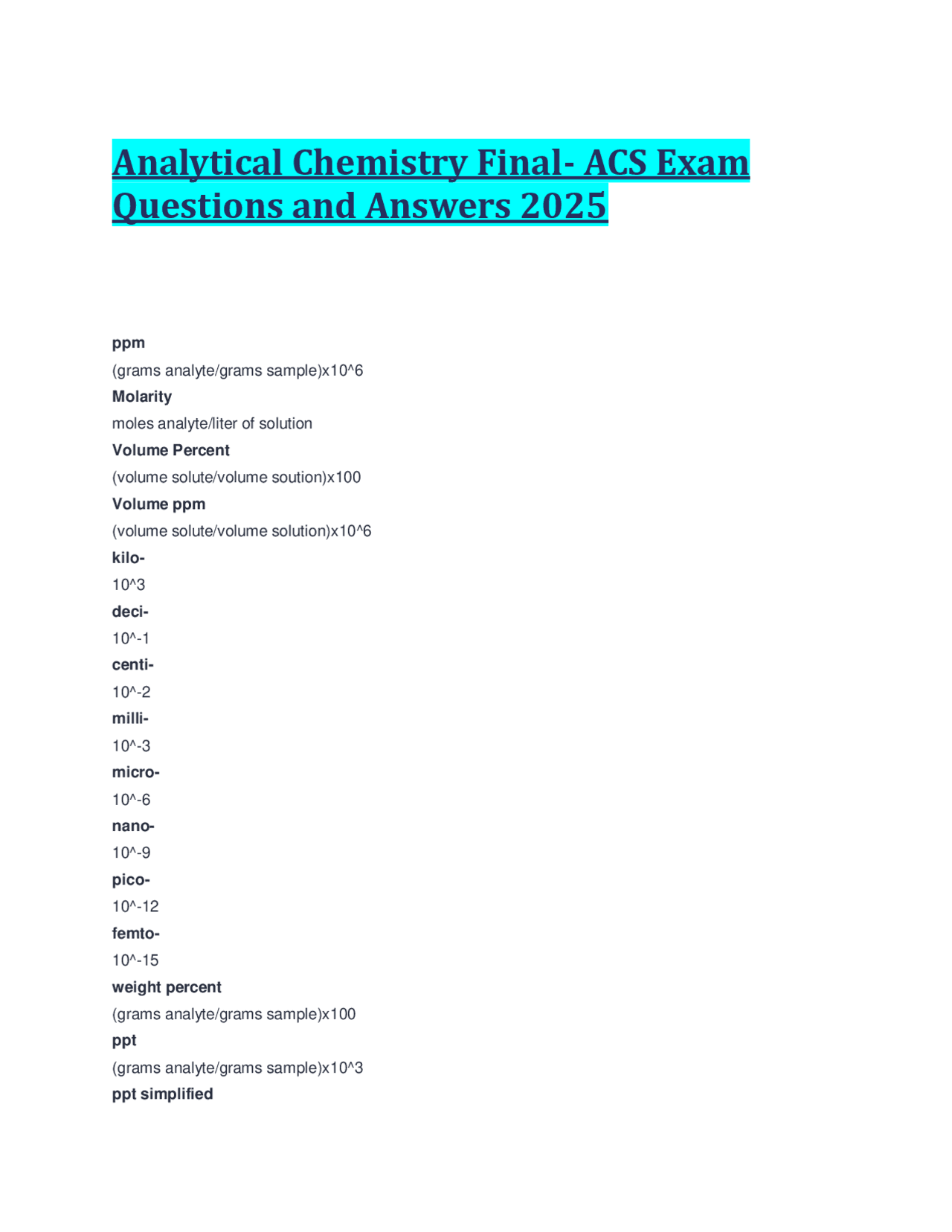 Analytical Chemistry Final- ACS Exam Questions and Answers 2025 | Exams ...