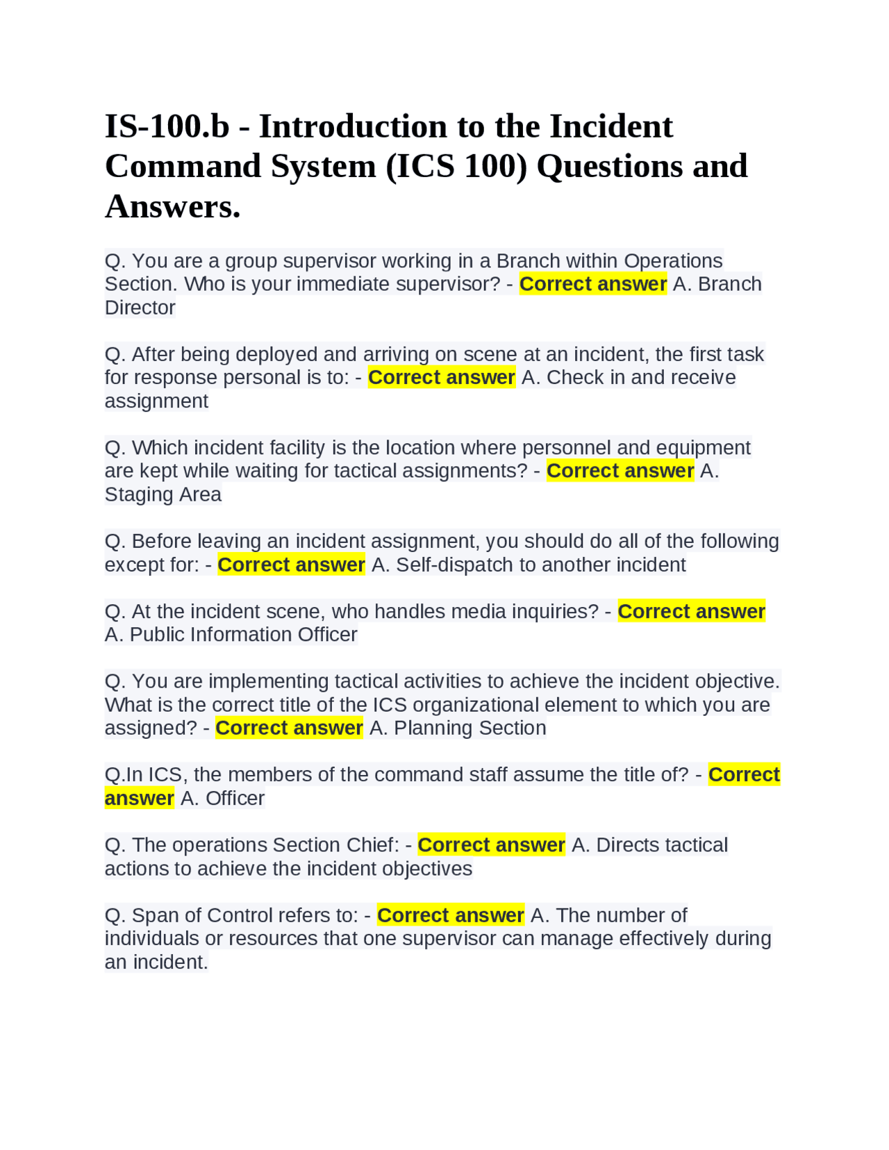 IS-100.b - Introduction to the Incident Command System (ICS 100) Questions and Answers. | Exams ...