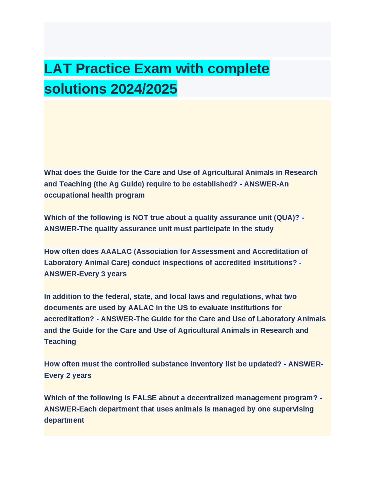 LAT Practice Exam with Complete Solutions 2024/2025 | Exams Nursing ...