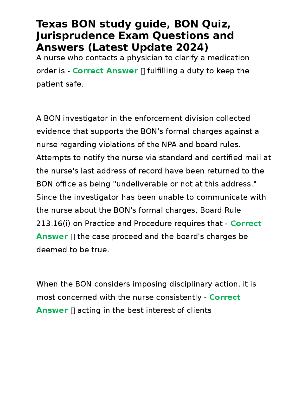 Texas BON study guide, BON Quiz, Jurisprudence Exam Questions and ...