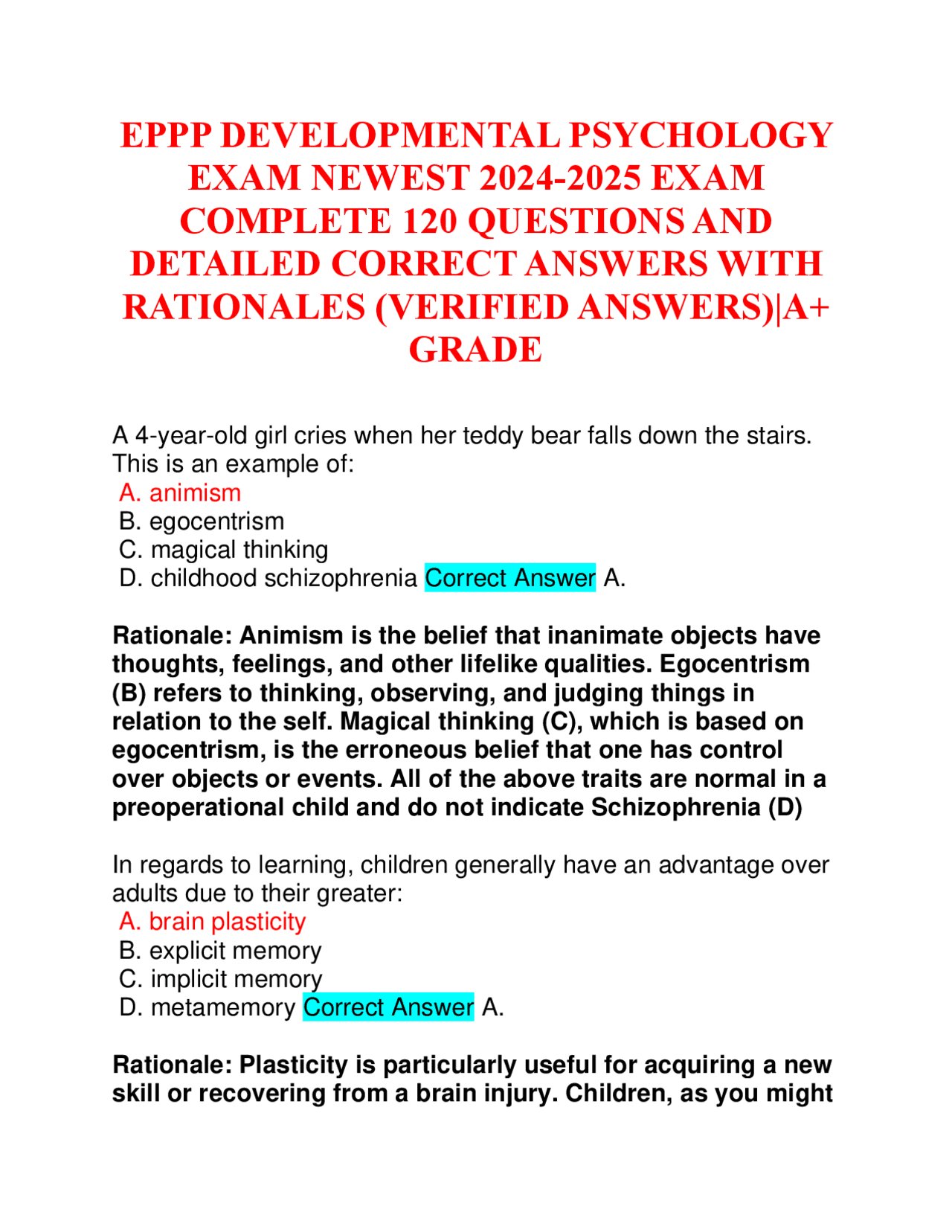 EPPP DEVELOPMENTAL PSYCHOLOGY EXAM NEWEST 2025 EXAM COMPLETE 120 ...