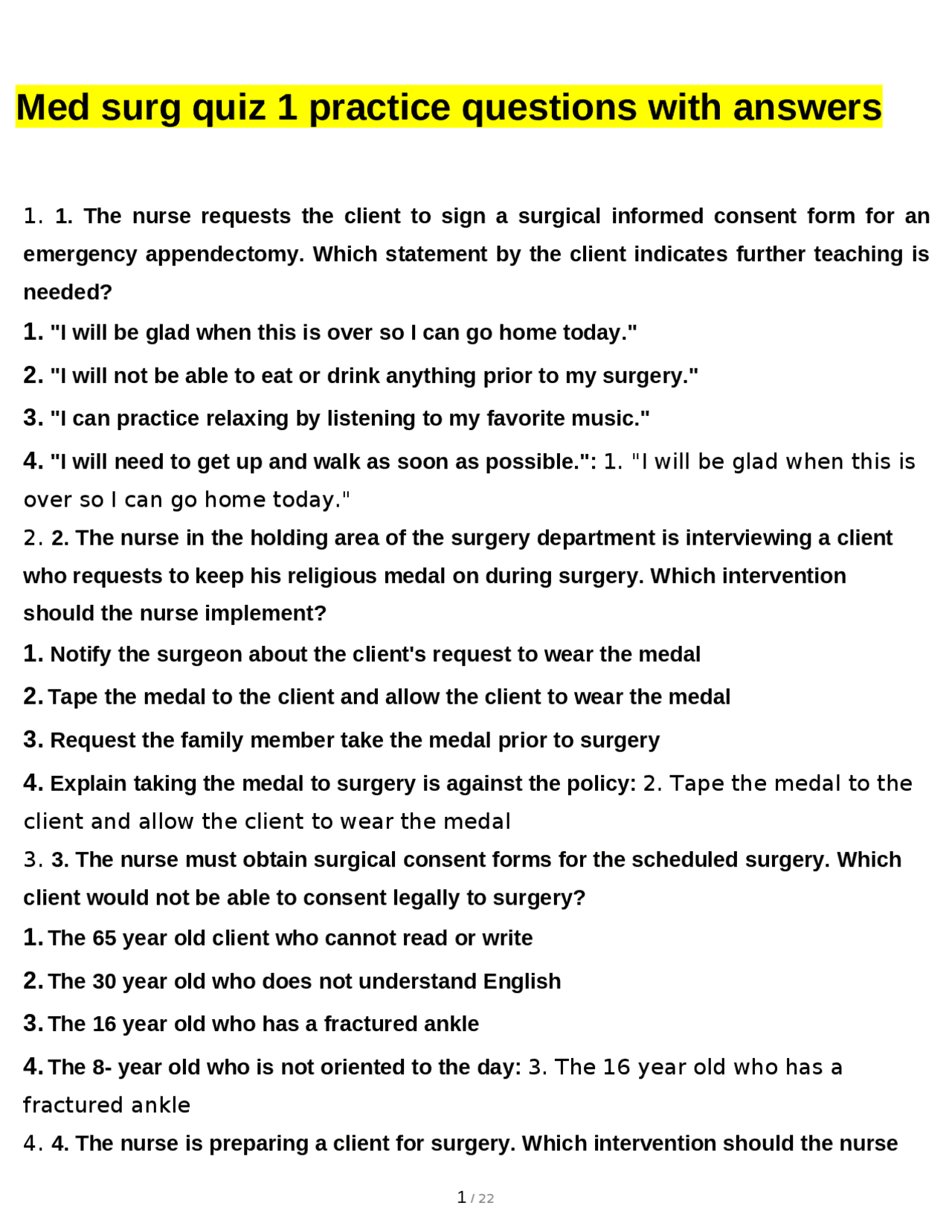 Med surg quiz 1 practice questions with answers | Exams Nursing | Docsity