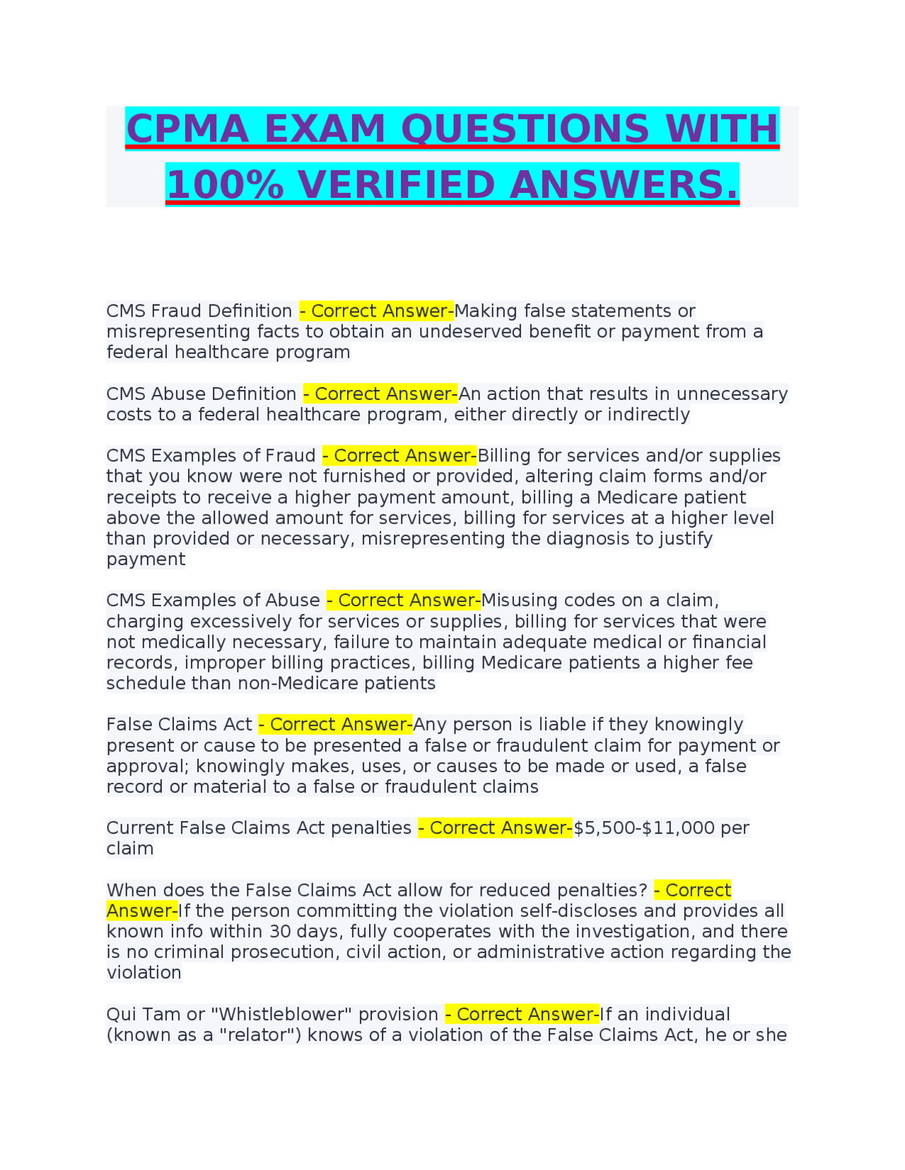 CPMA EXAM QUESTIONS WITH 100% VERIFIED ANSWERS. | Exams Nursing | Docsity