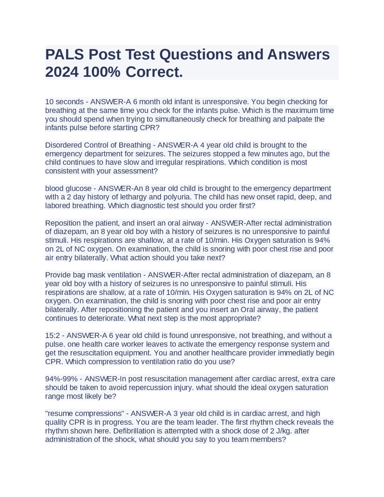 PALS Post Test Questions and Answers 2024 100% Correct. | Exams Nursing ...