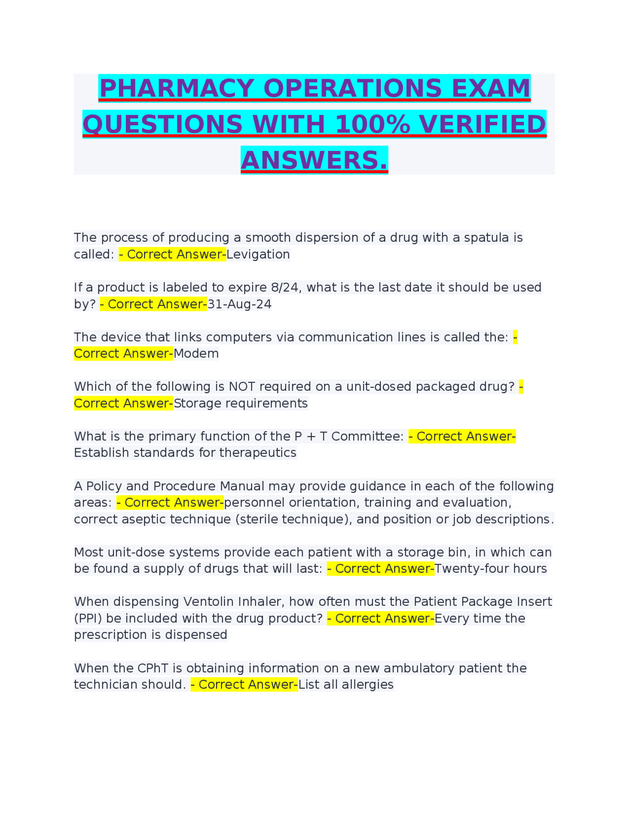 PHARMACY OPERATIONS EXAM QUESTIONS WITH 100% VERIFIED ANSWERS. | Exams ...