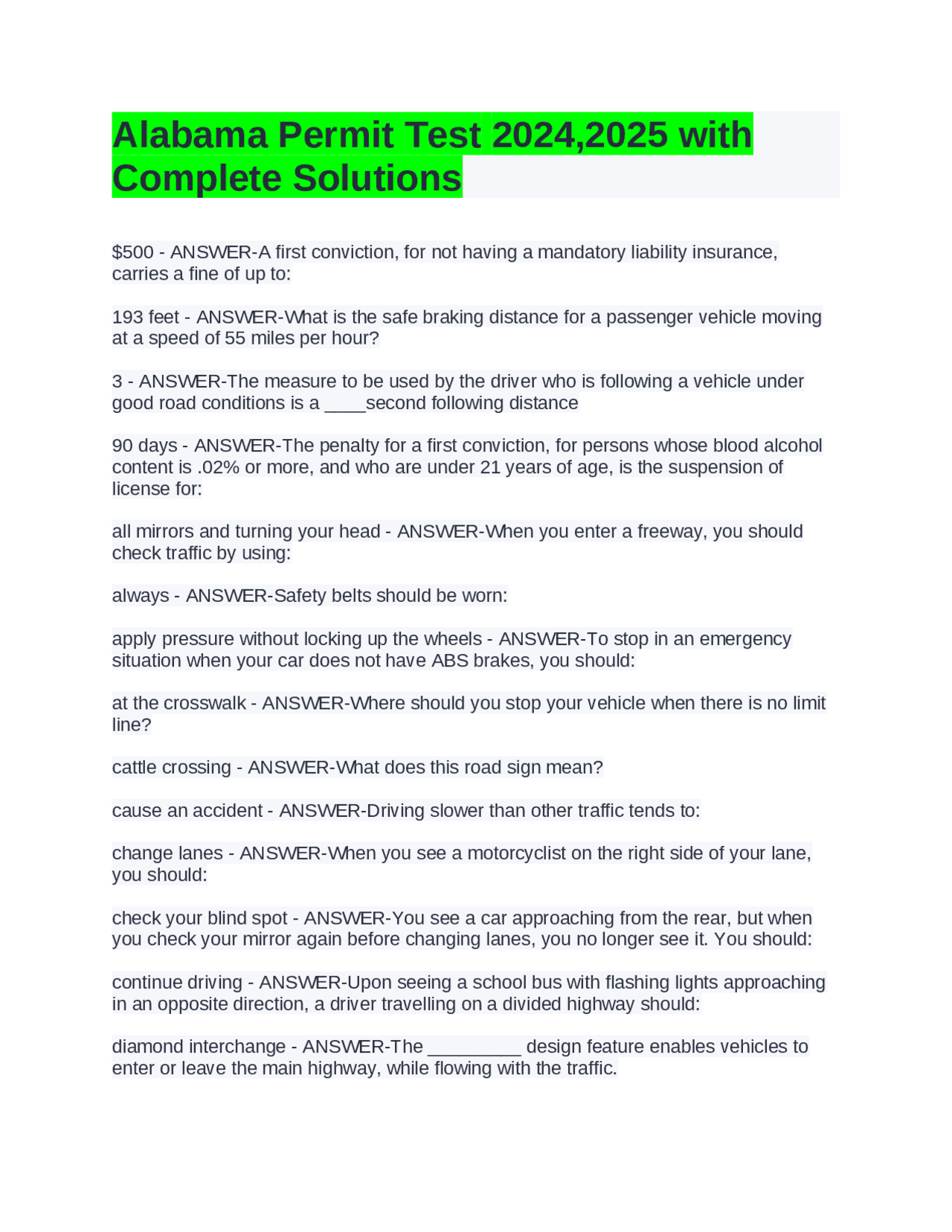 Alabama Permit Test 2024,2025 with Complete Solutions | Exams Advanced ...