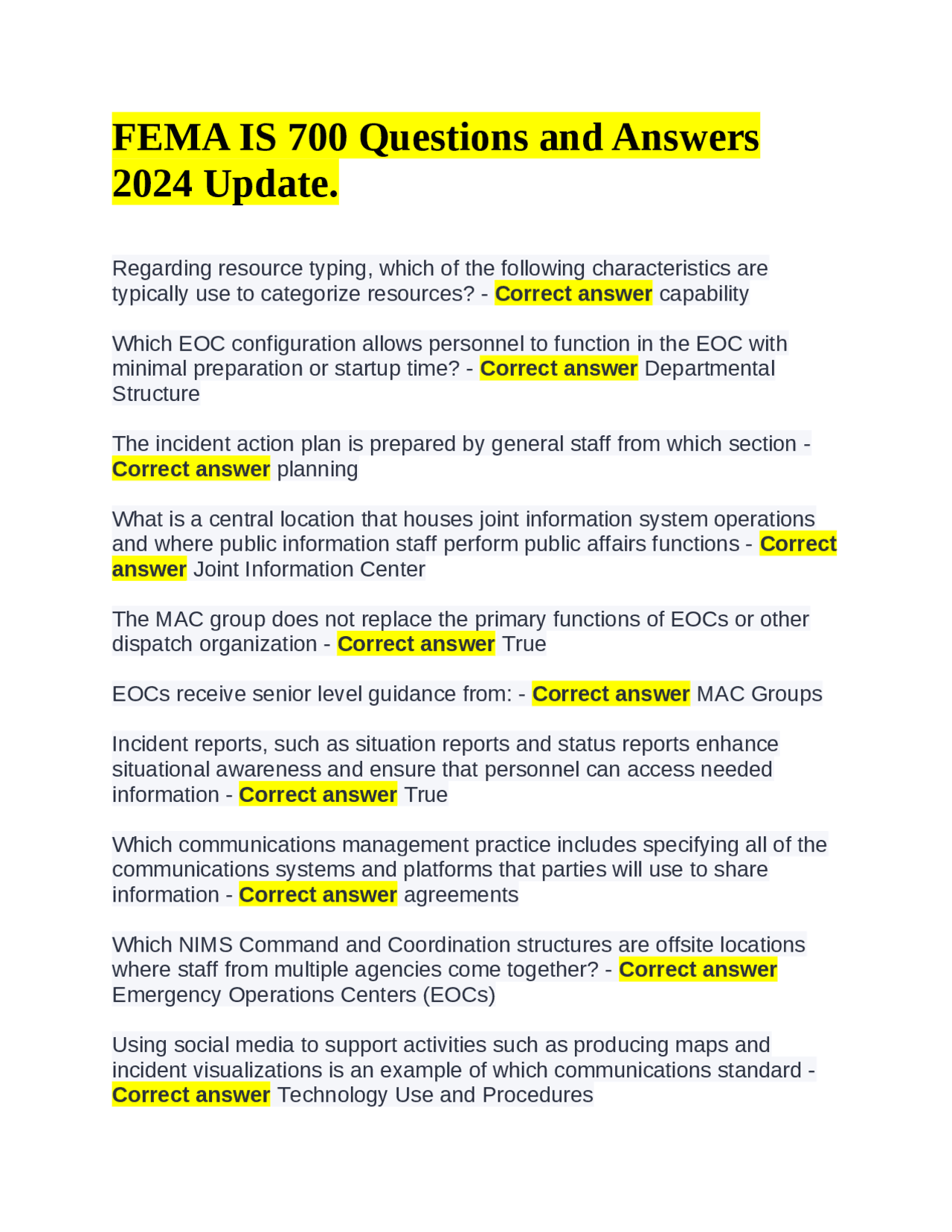 FEMA IS 700 Questions and Answers 2024 Update. | Exams Medicine | Docsity