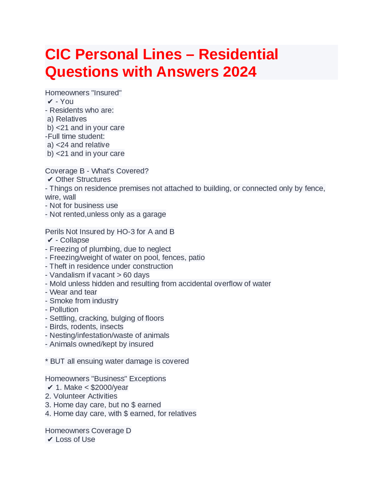 CIC Personal Lines – Residential Questions with Answers 2024 | Exams ...