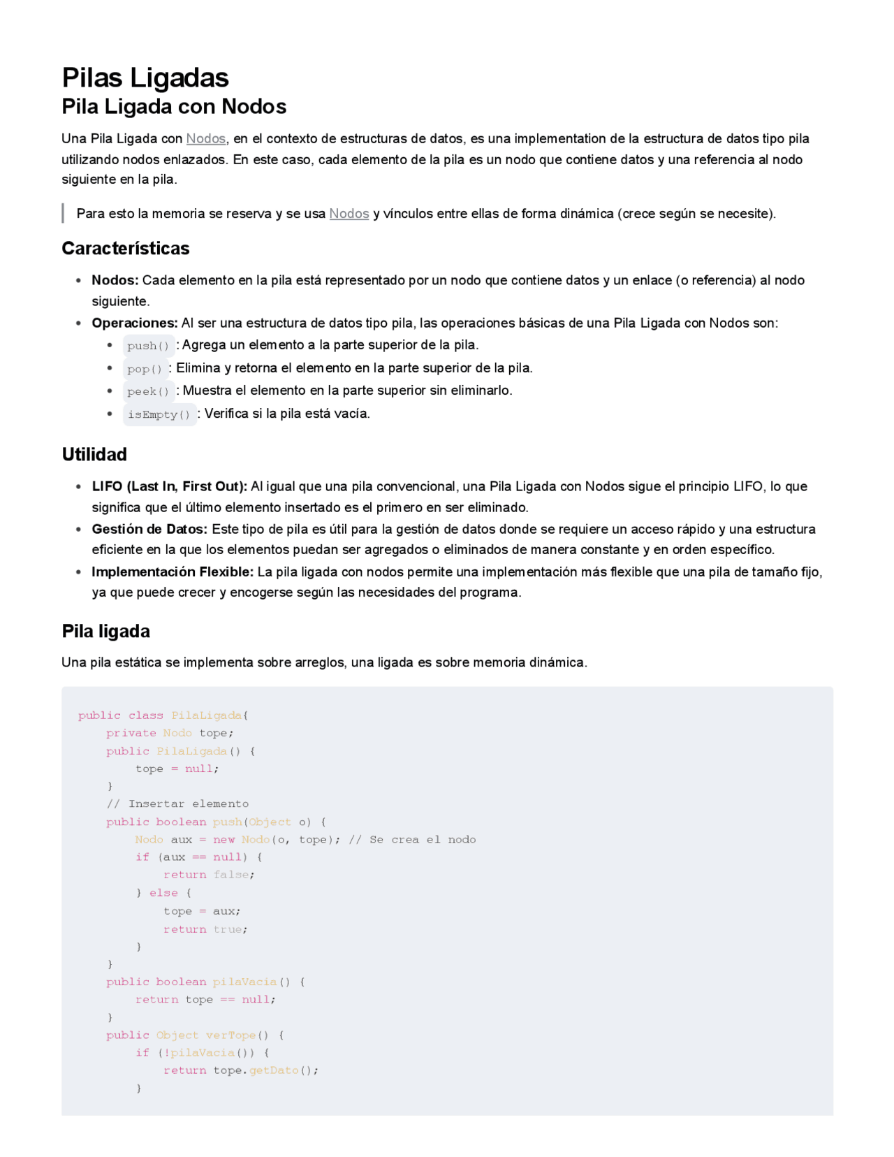 Implementación de Pilas Ligadas con Nodos en Java - Prof. Peña | Summaries Data Structures and ...