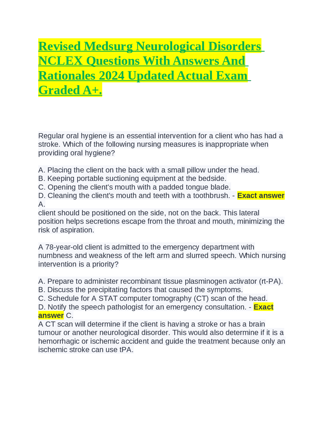 Revised Medsurg Neurological Disorders NCLEX Questions With Answers And ...