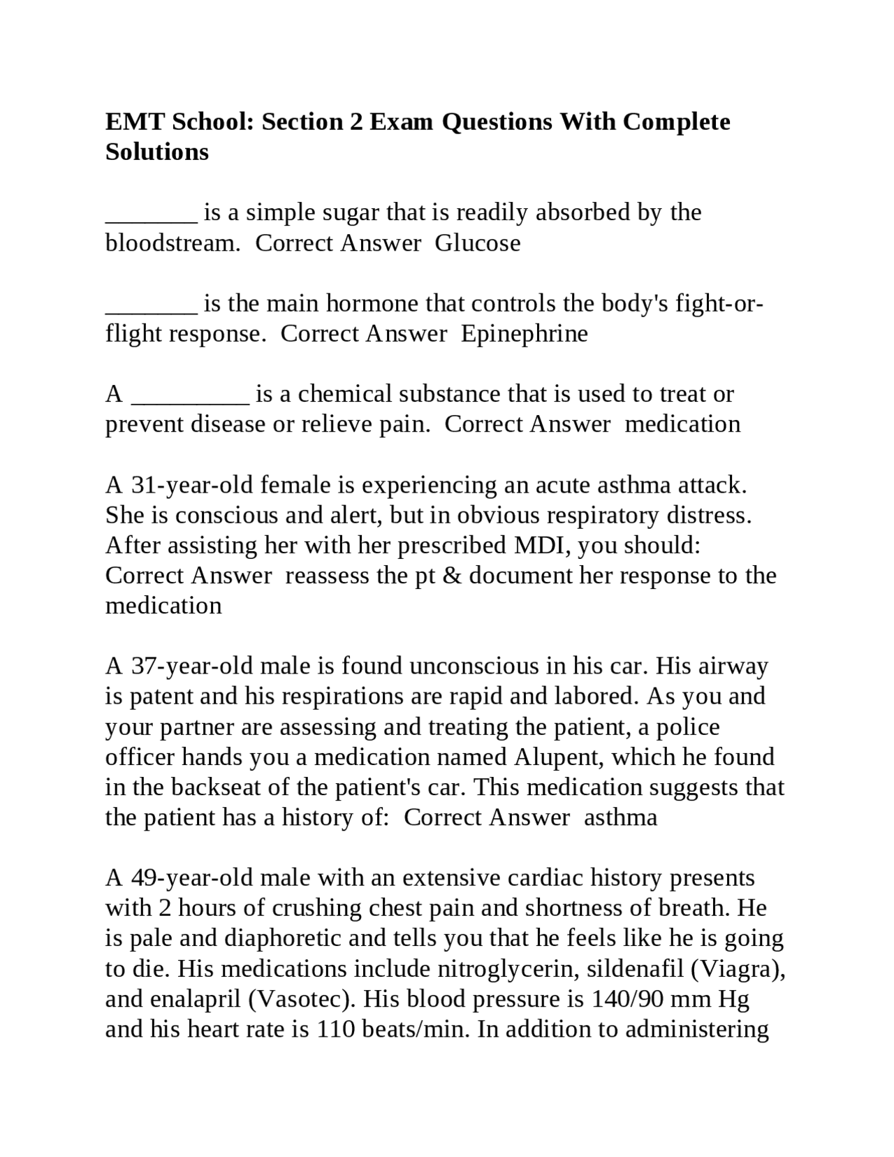EMT School: Section 2 Exam Questions With Complete Solutions | Exams ...