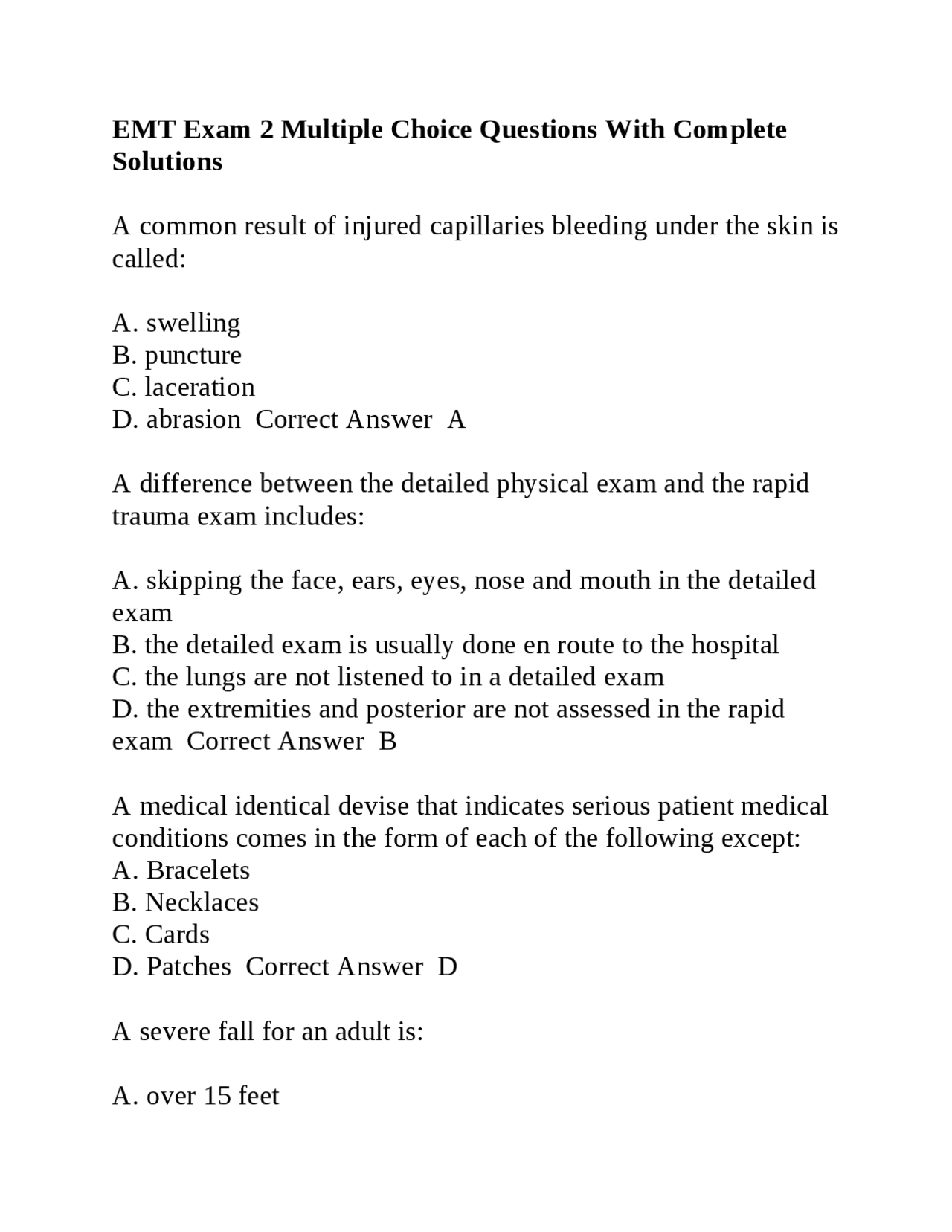EMT Exam 2 Multiple Choice Questions With Complete Solutions | Exams Nursing | Docsity