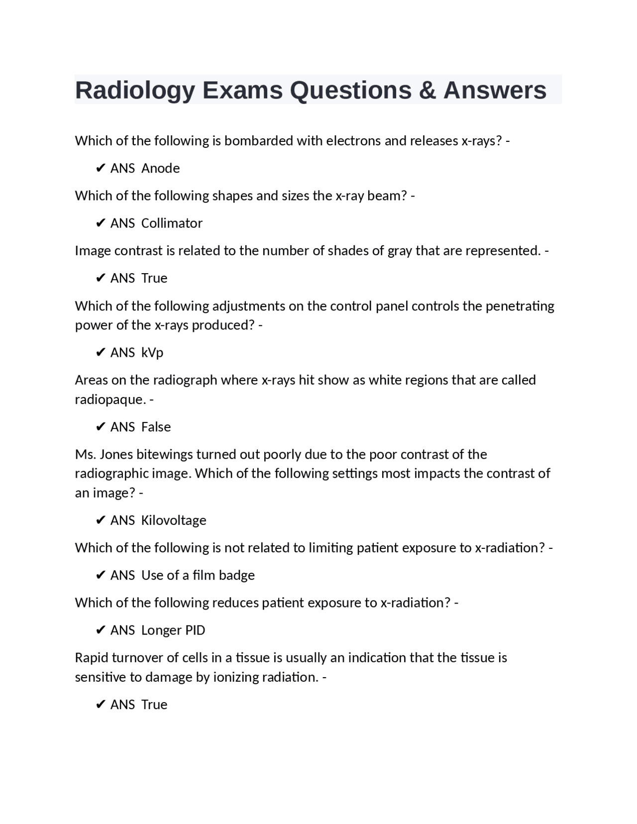 Radiology Exams Questions & Answers | Exams Radiology | Docsity