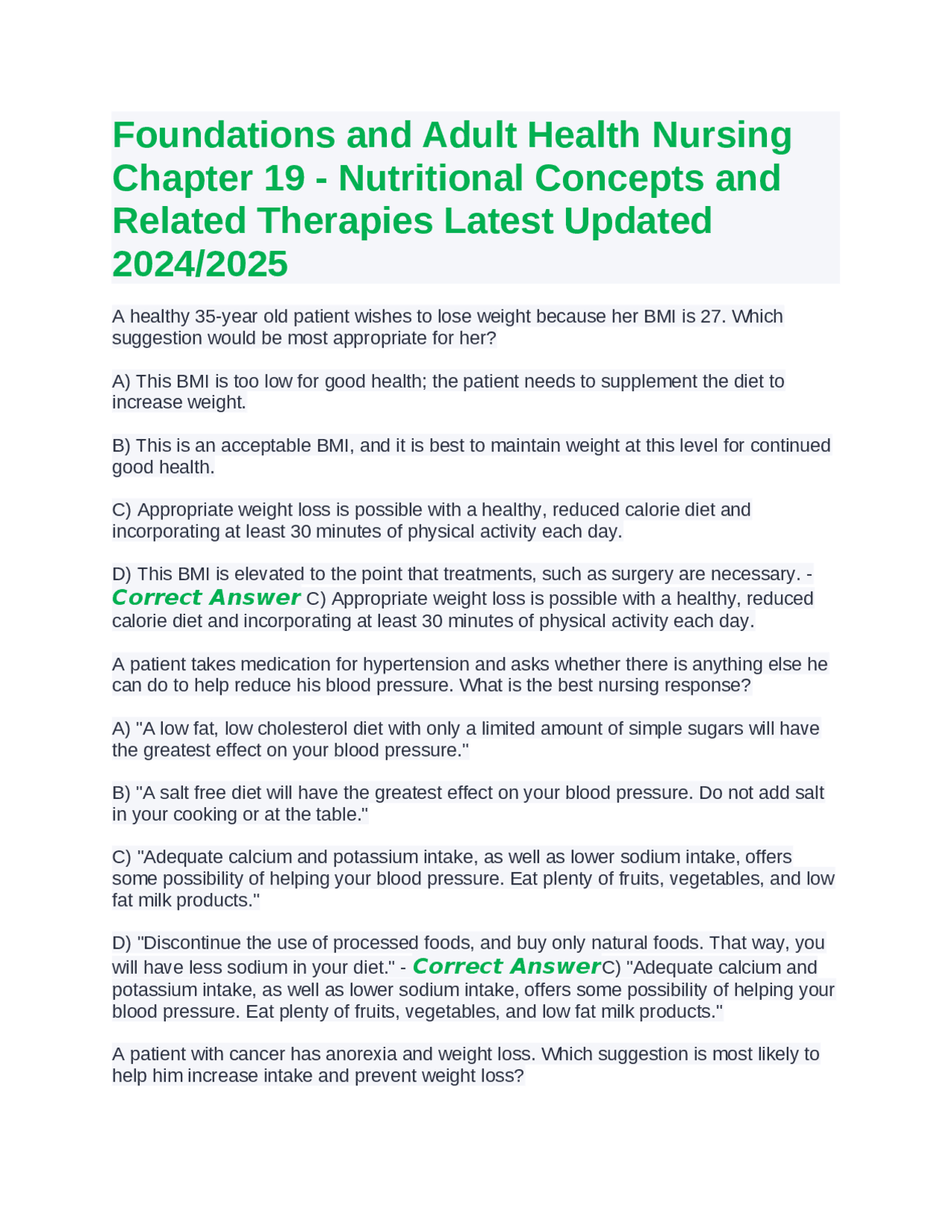 Foundations and Adult Health Nursing Chapter 19 - Nutritional Concepts ...