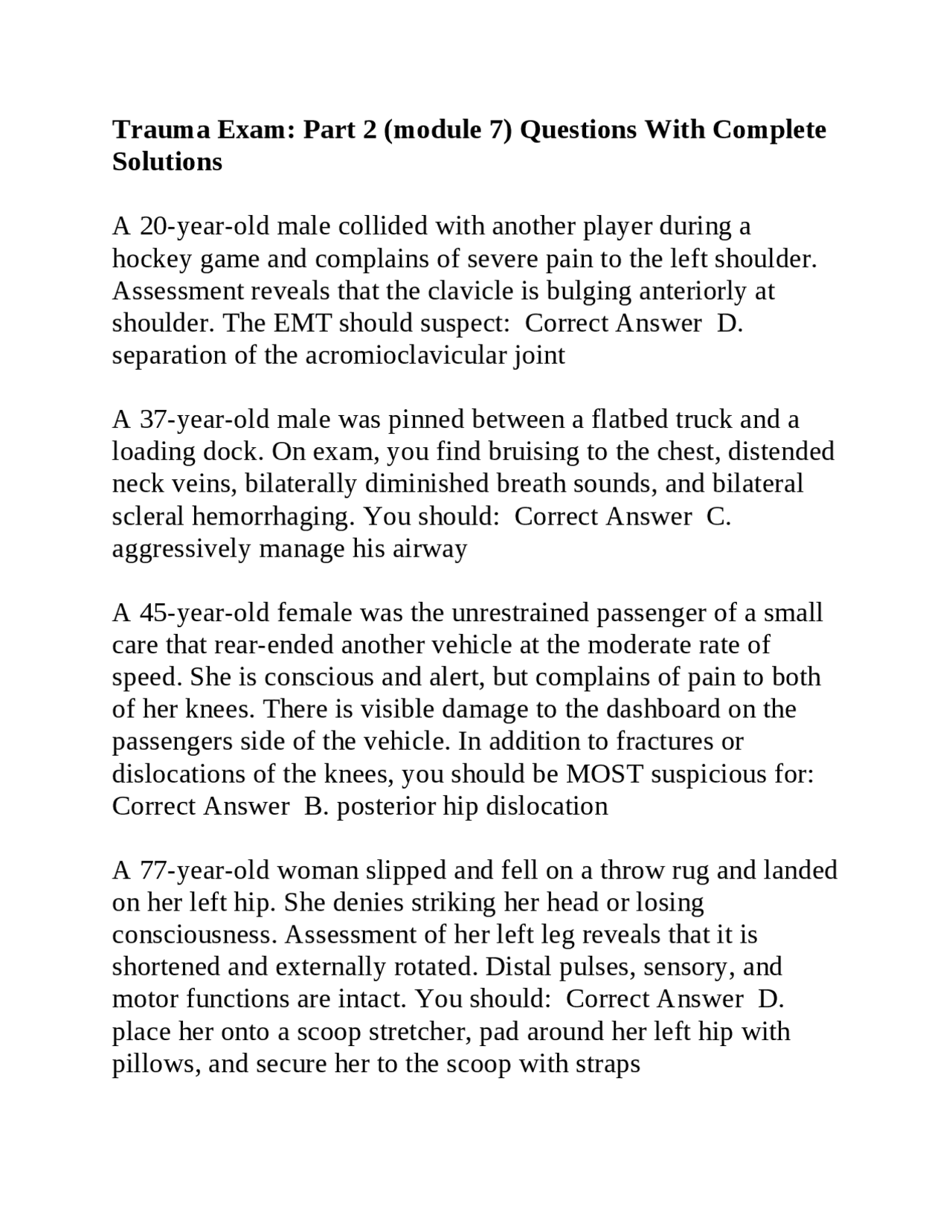 Trauma Exam: Part 2 (module 7) Questions With Complete Solutions ...