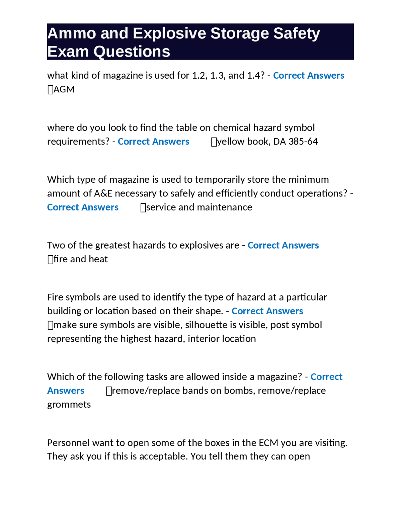 Ammo and Explosive Storage Safety Exam Questions | Exams Nursing | Docsity