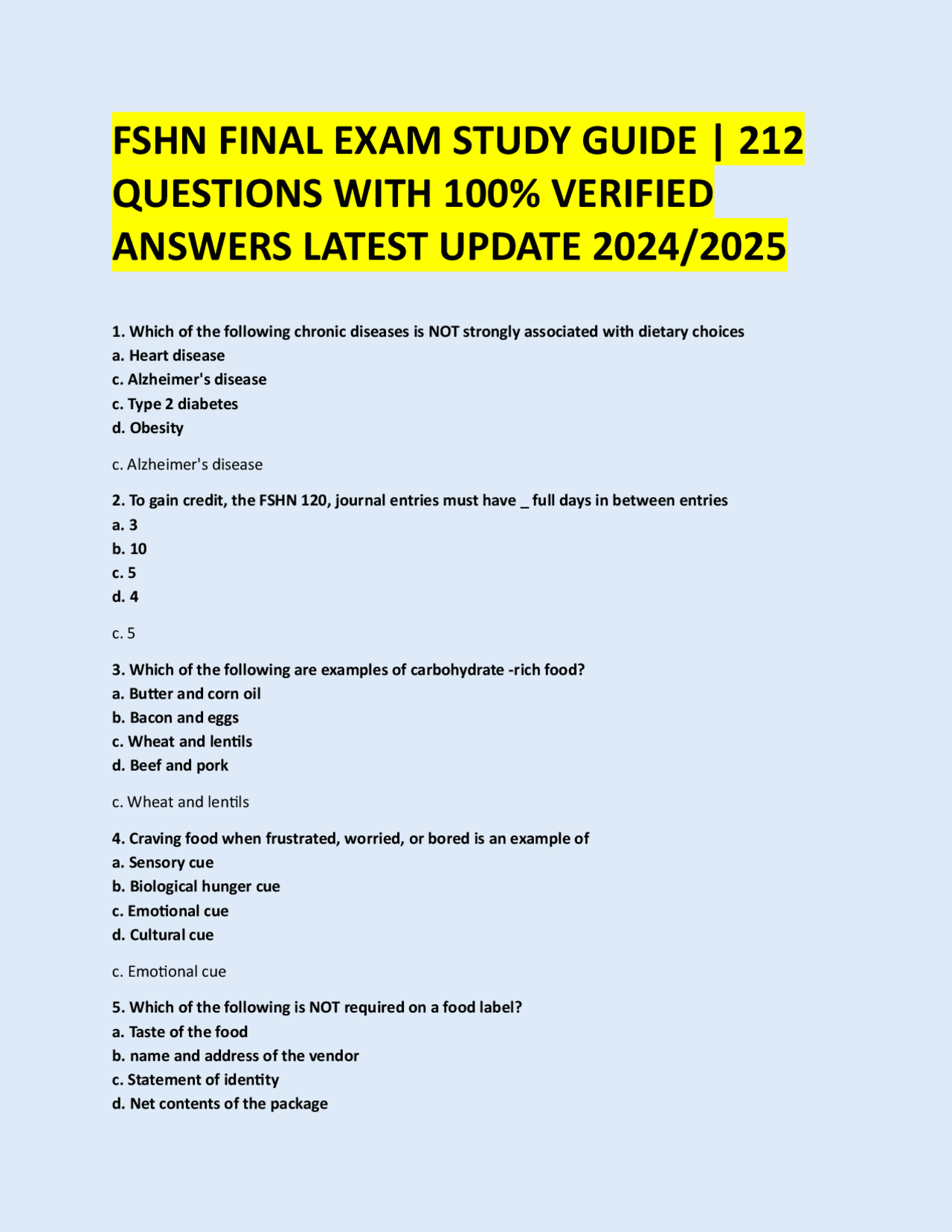 FSHN FINAL EXAM STUDY GUIDE | 212 QUESTIONS WITH 100% VERIFIED ANSWERS ...
