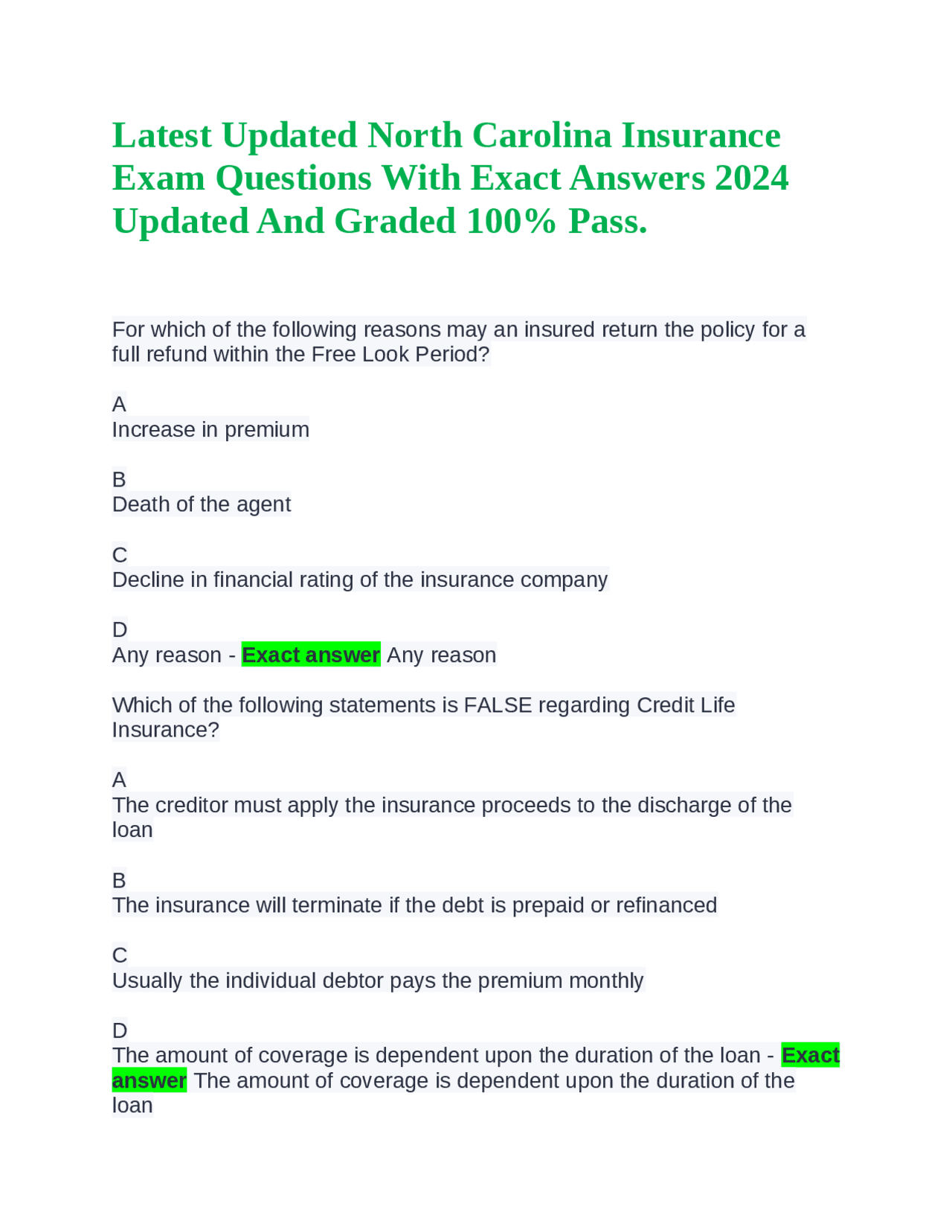 Latest Updated North Carolina Insurance Exam Questions With Exact ...