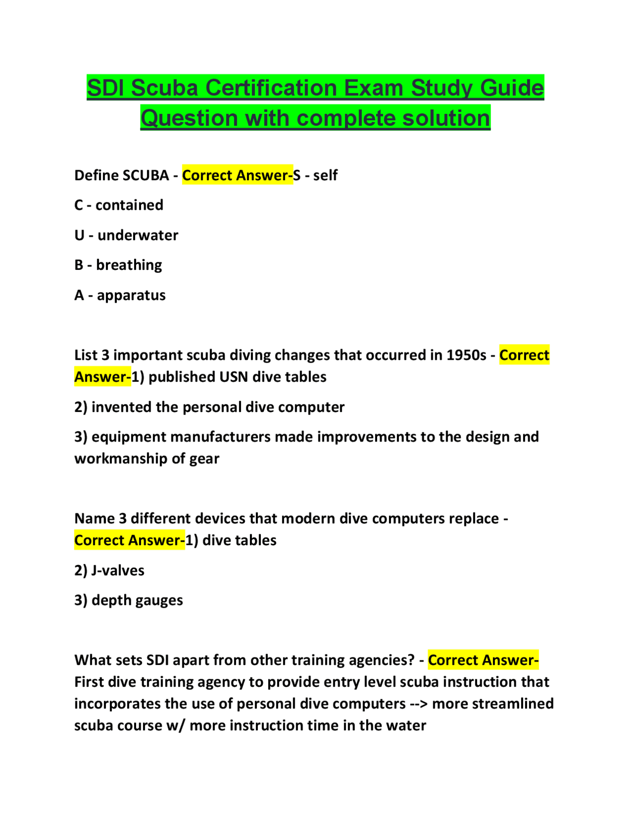 SDI Scuba Certification Exam Study Guide | Exams Advanced Education ...