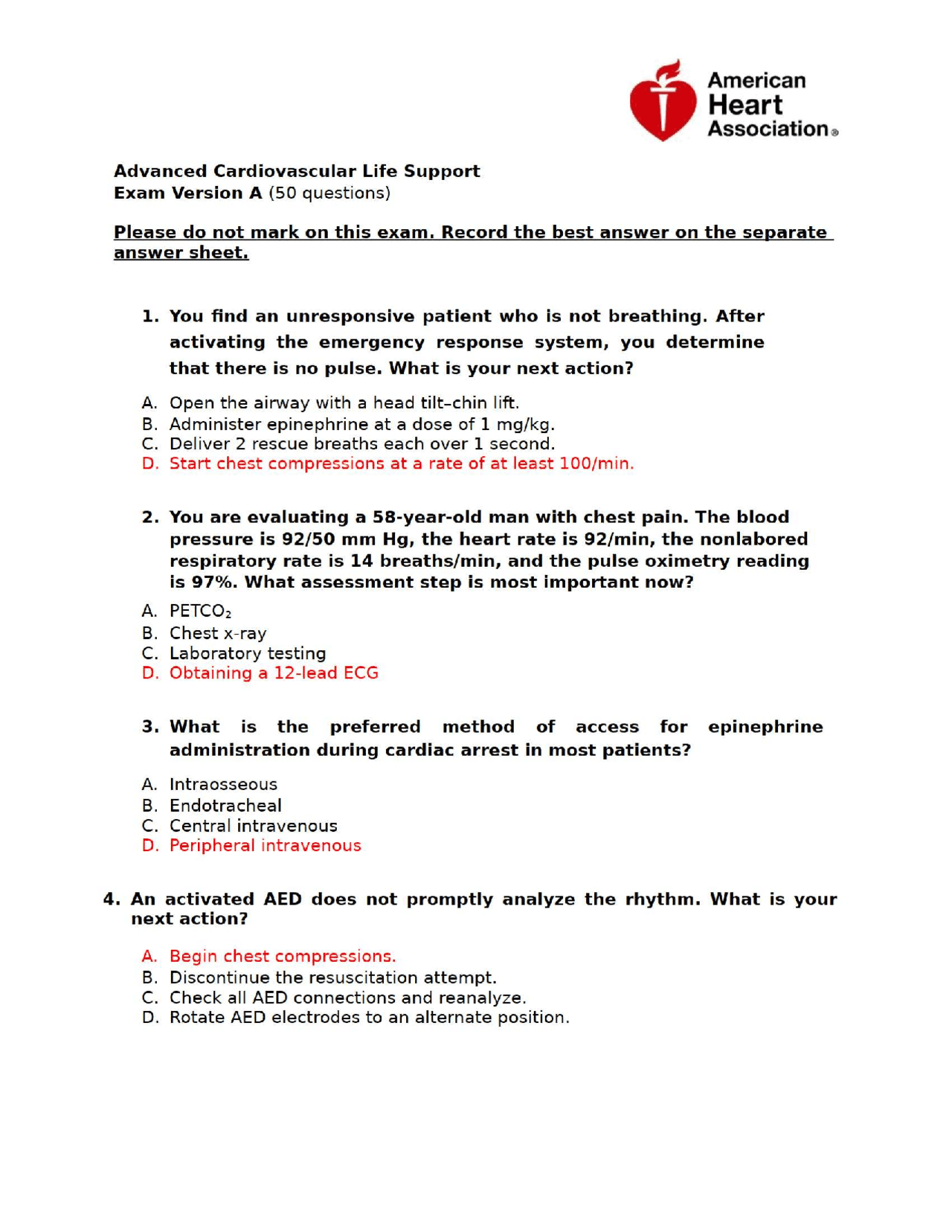 Advanced Cardiovascular Life Support (ACLS) Exam Version A | Exams ...