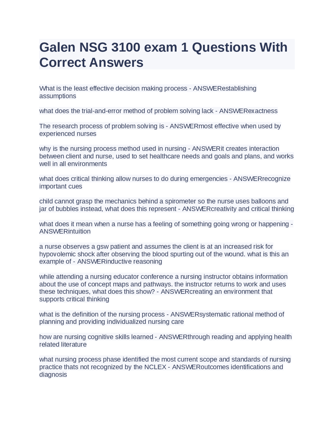 Galen NSG 3100 exam 1 Questions With Correct Answers | Exams Nursing | Docsity