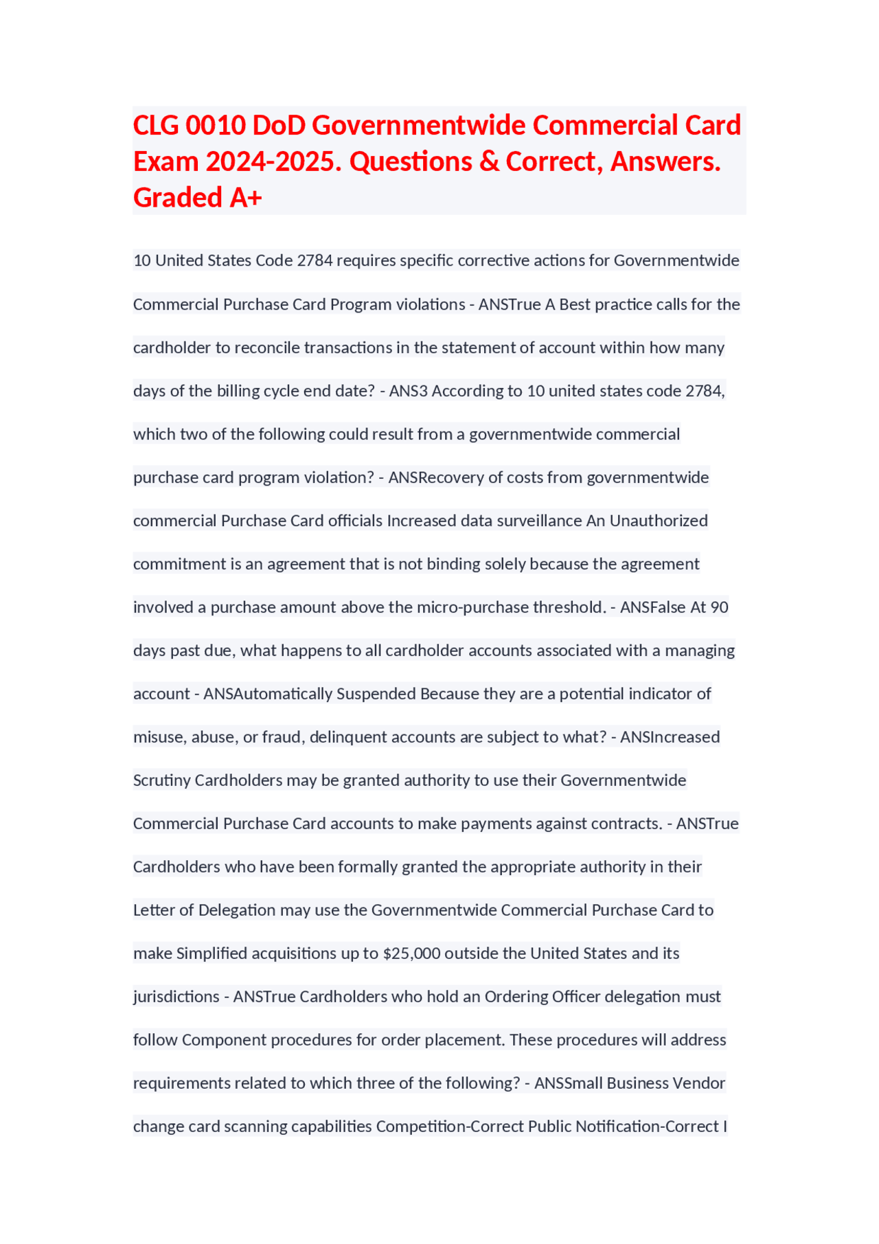 CLG 0010 DoD Governmentwide Commercial Card Exam 2024-2025. Questions ...