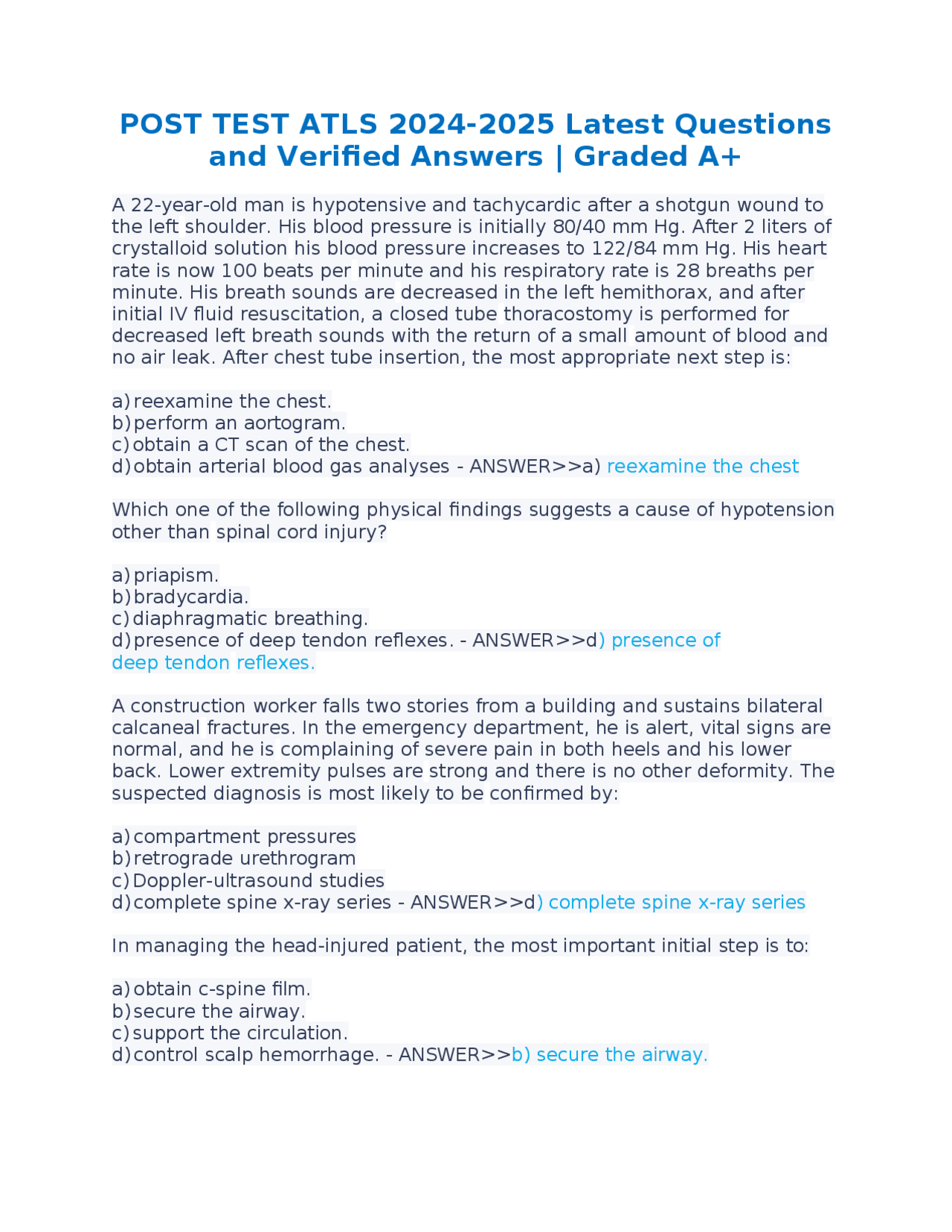 POST TEST ATLS 2024-2025 Latest Questions and Verified Answers | Graded ...
