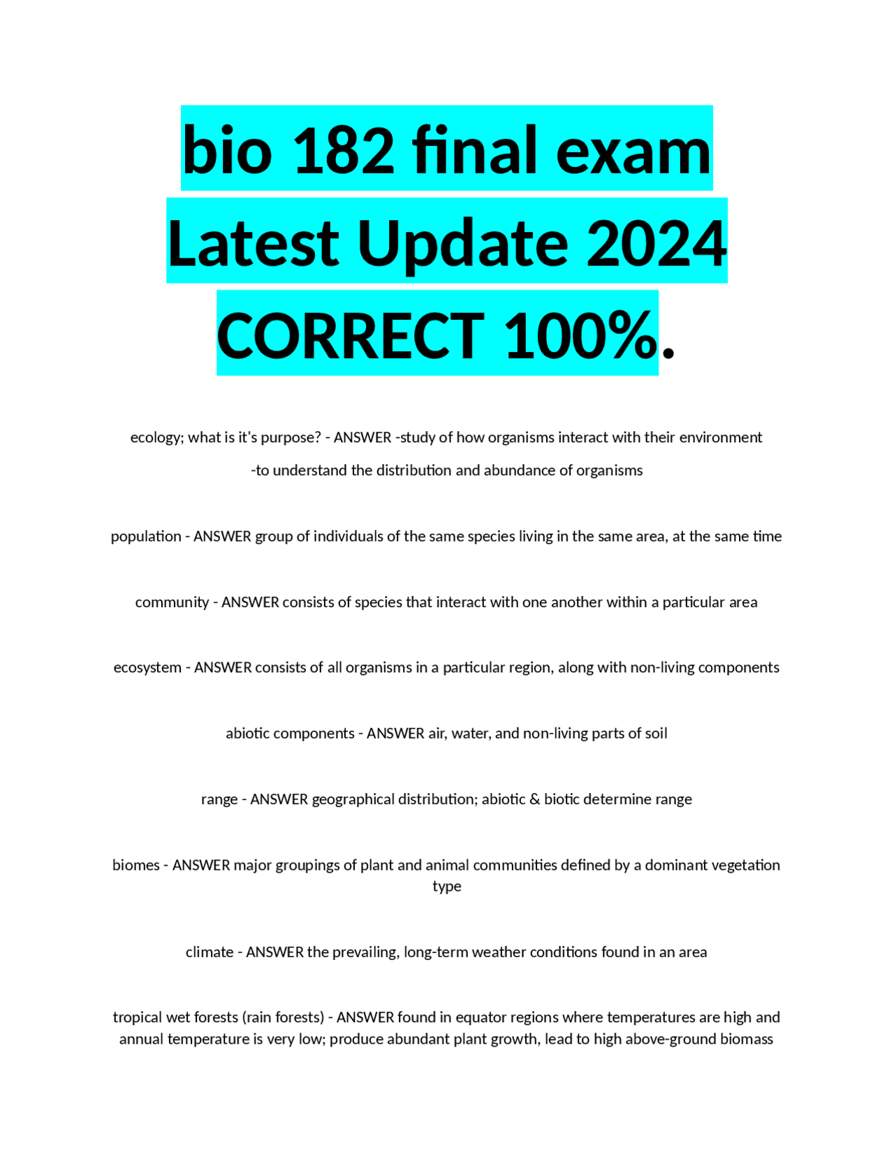 bio 182 final exam Latest Update 2024 CORRECT 100%. | Exams Biology ...
