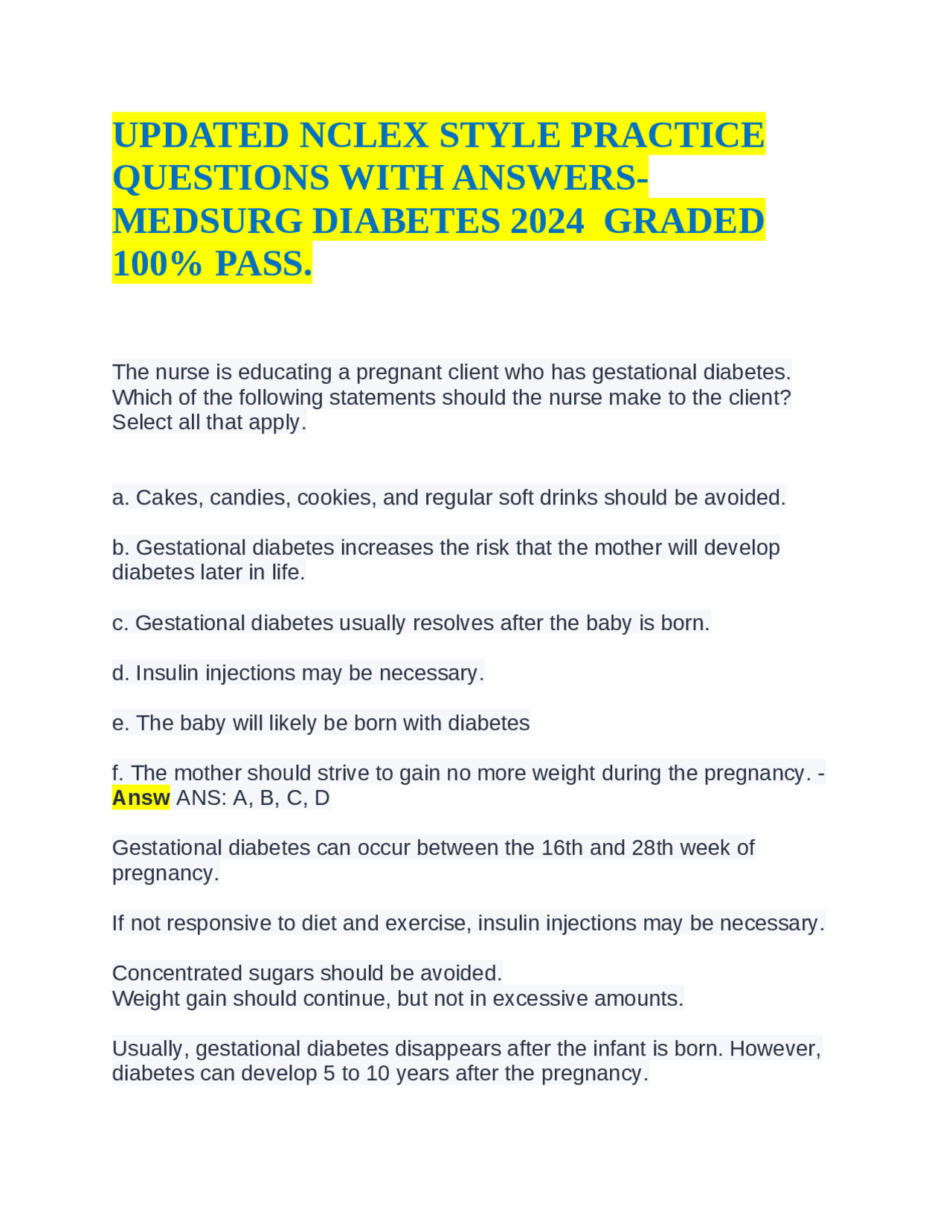 UPDATED NCLEX STYLE PRACTICE QUESTIONS WITH ANSWERS- MEDSURG DIABETES ...