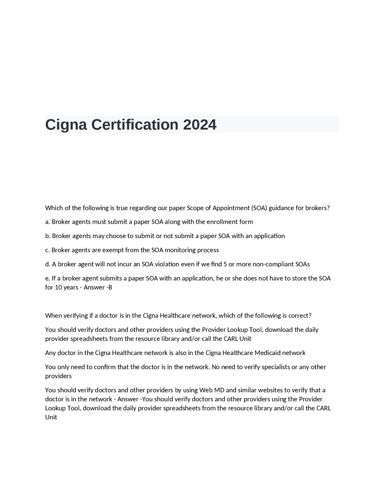 Cigna Certification Exam Questions and Answers | Exams Nursing | Docsity