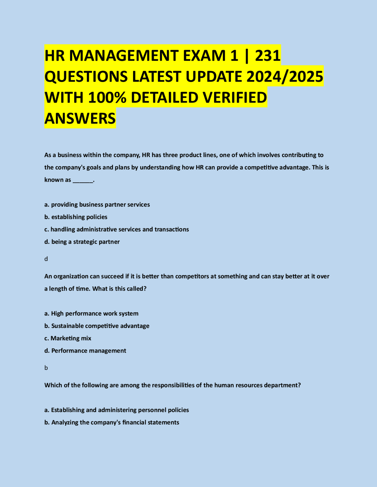 HR MANAGEMENT EXAM 1 | 231 QUESTIONS LATEST UPDATE 2024/2025 WITH 100% ...