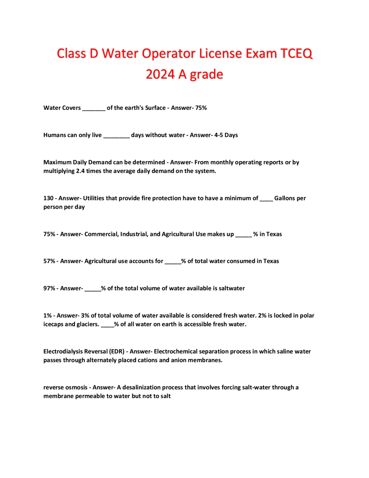 Class D Water Operator License Exam TCEQ 2024 A grade | Exams Water and ...
