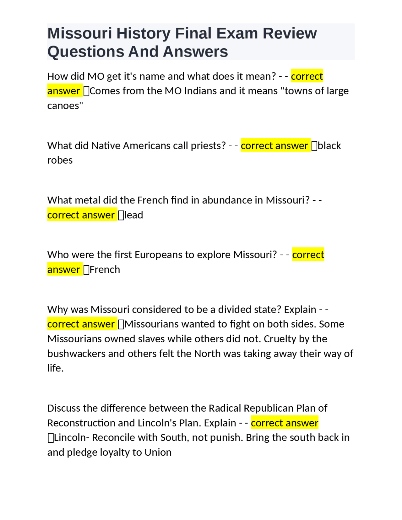 Missouri History Final Exam Review | Exams History | Docsity