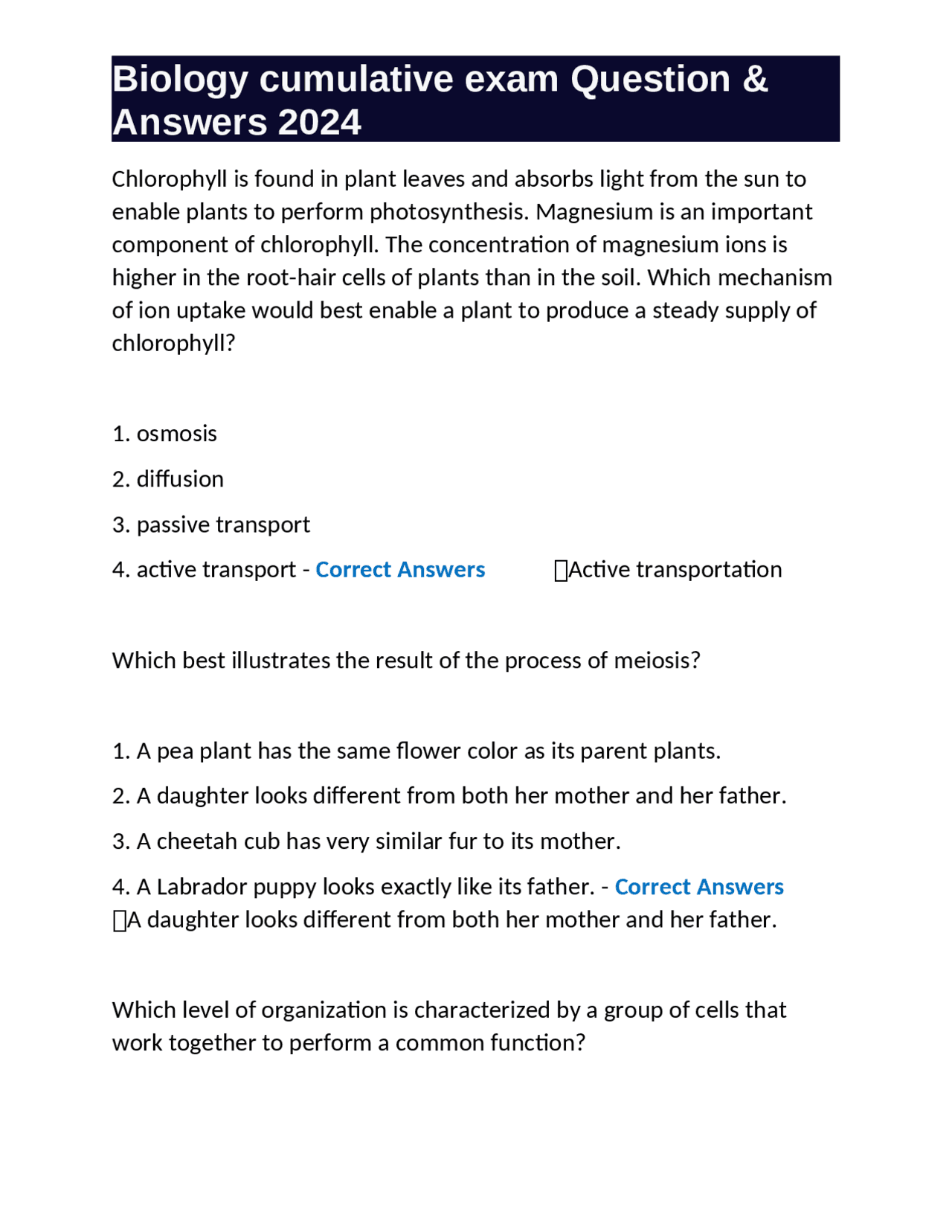 Biology Cumulative Exam Questions and Answers 2024 | Exams Nursing ...