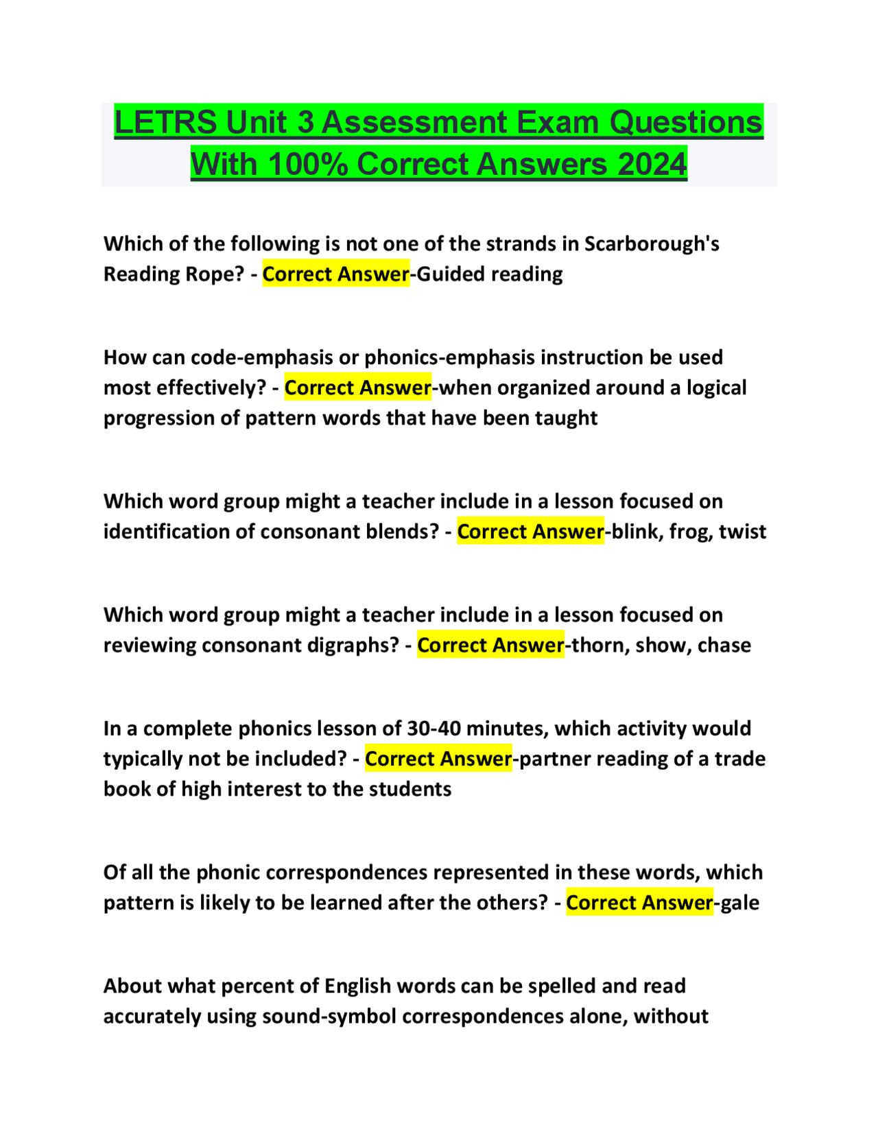 LETRS Unit 3 Assessment Exam Questions with 100% Correct Answers 2024 | Exams Advanced Education ...