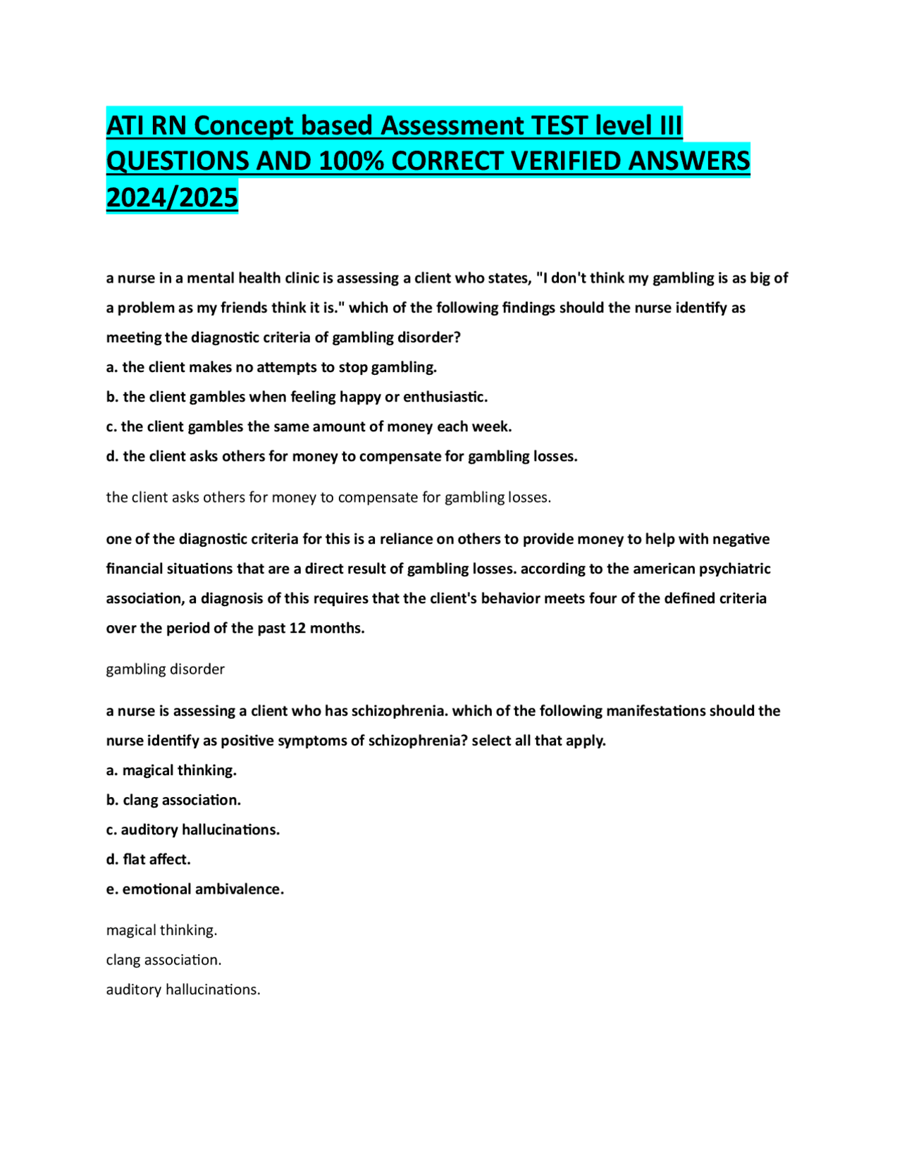 ATI RN Concept based Assessment TEST level III QUESTIONS AND 100% ...