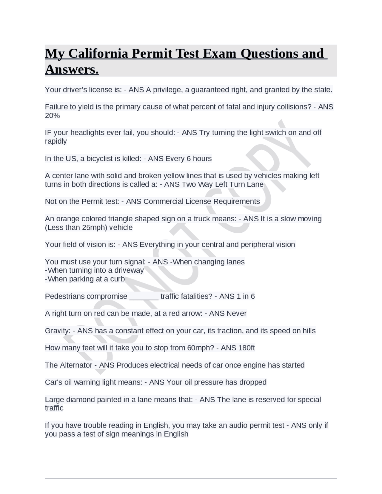 My California Permit Test Exam Questions and Answers. | Exams Law | Docsity
