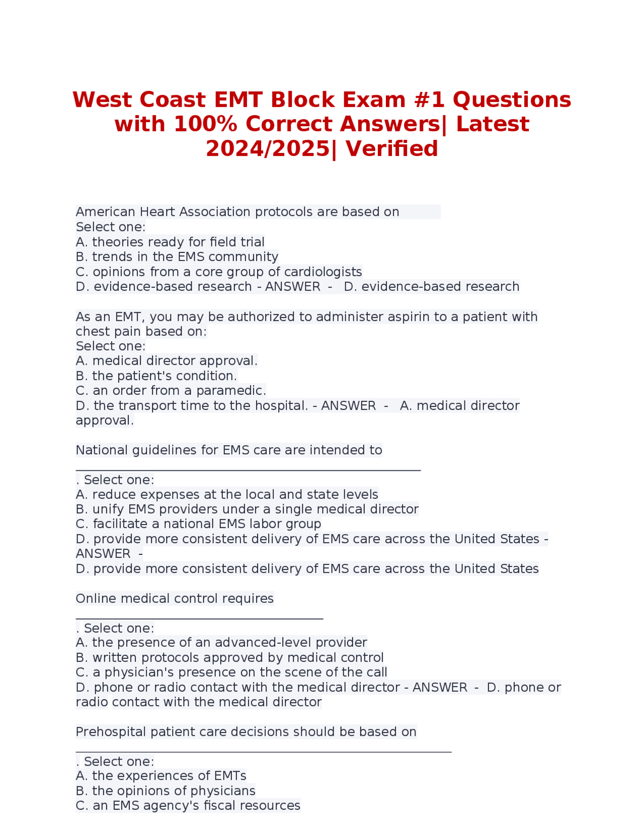 West Coast EMT Block Exam #1 Questions with 100% Correct Answers ...