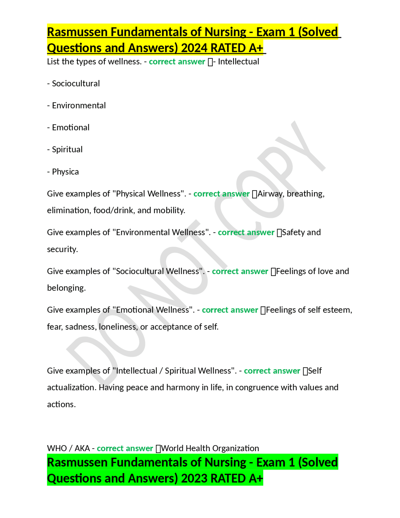 Rasmussen Fundamentals of Nursing - Exam 1 (Solved Questions and Answers) 2024 RATED A+ | Exams ...