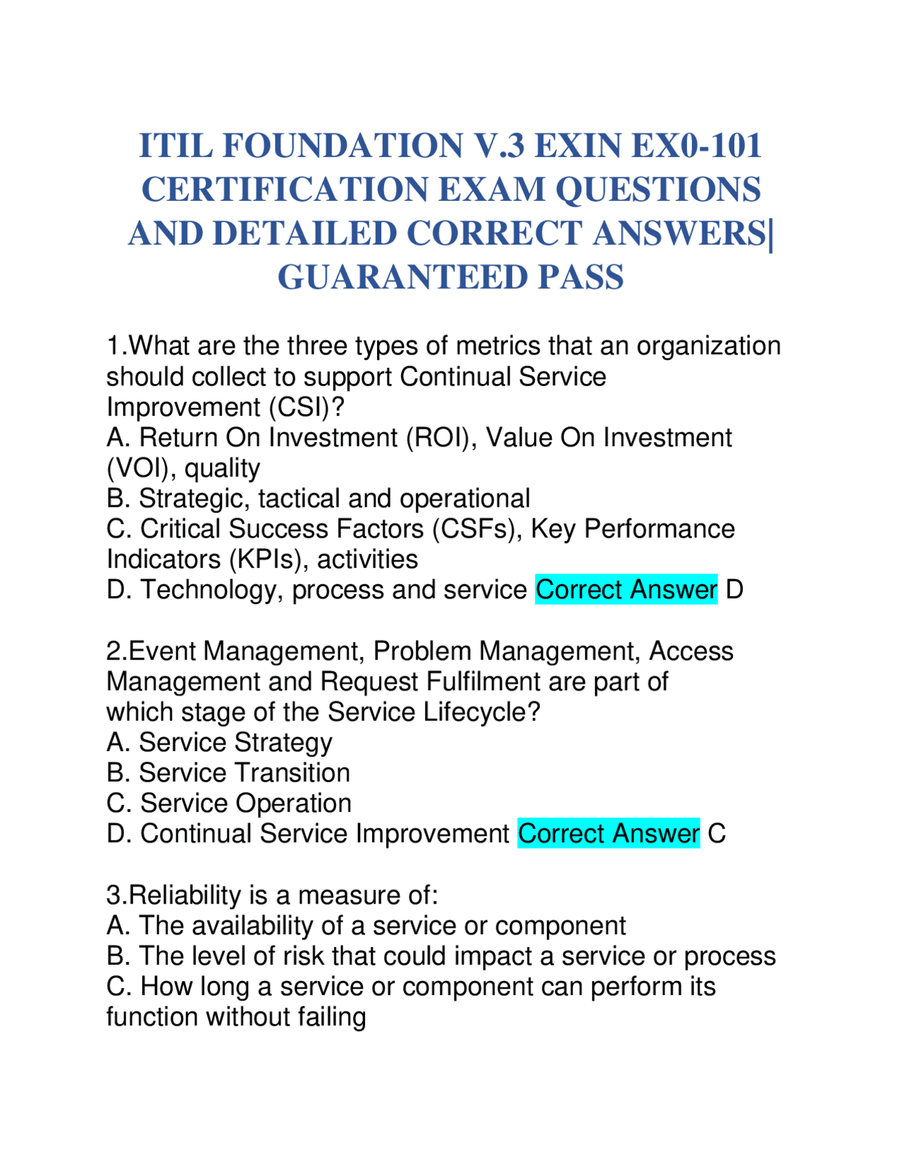 ITIL FOUNDATION V.3 EXIN EX0-101 CERTIFICATION EXAM QUESTIONS AND DETAILED CORRECT ANSWERS ...