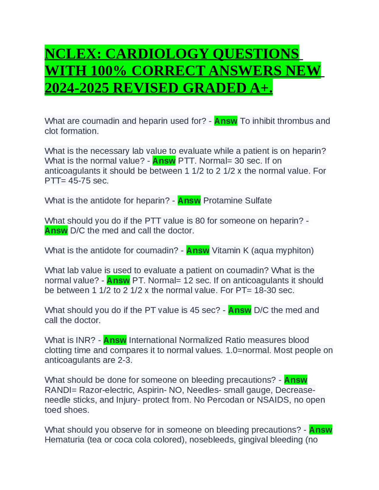 NCLEX: CARDIOLOGY QUESTIONS WITH 100% CORRECT ANSWERS NEW 2024-2025 ...