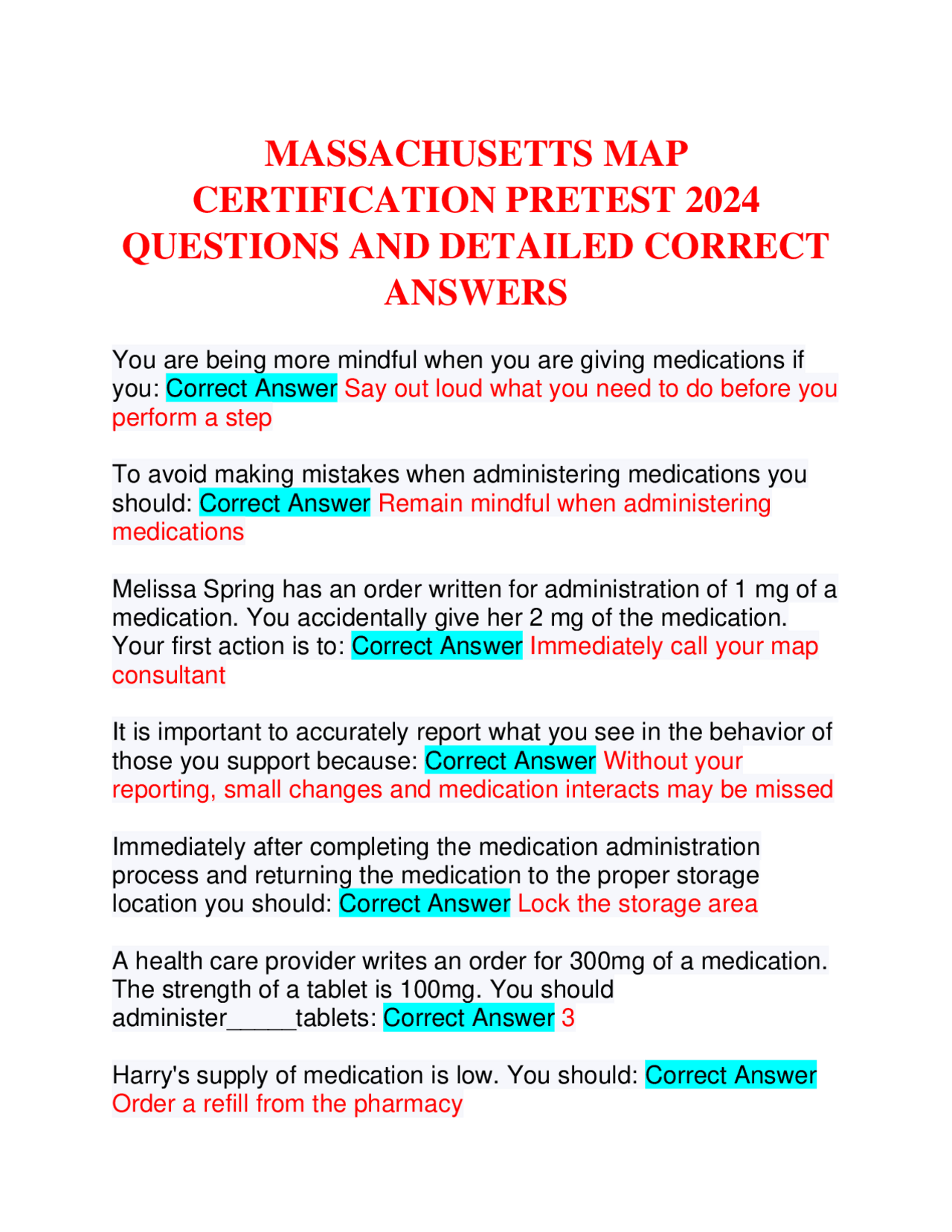 MASSACHUSETTS MAP CERTIFICATION PRETEST 2024 QUESTIONS AND DETAILED ...